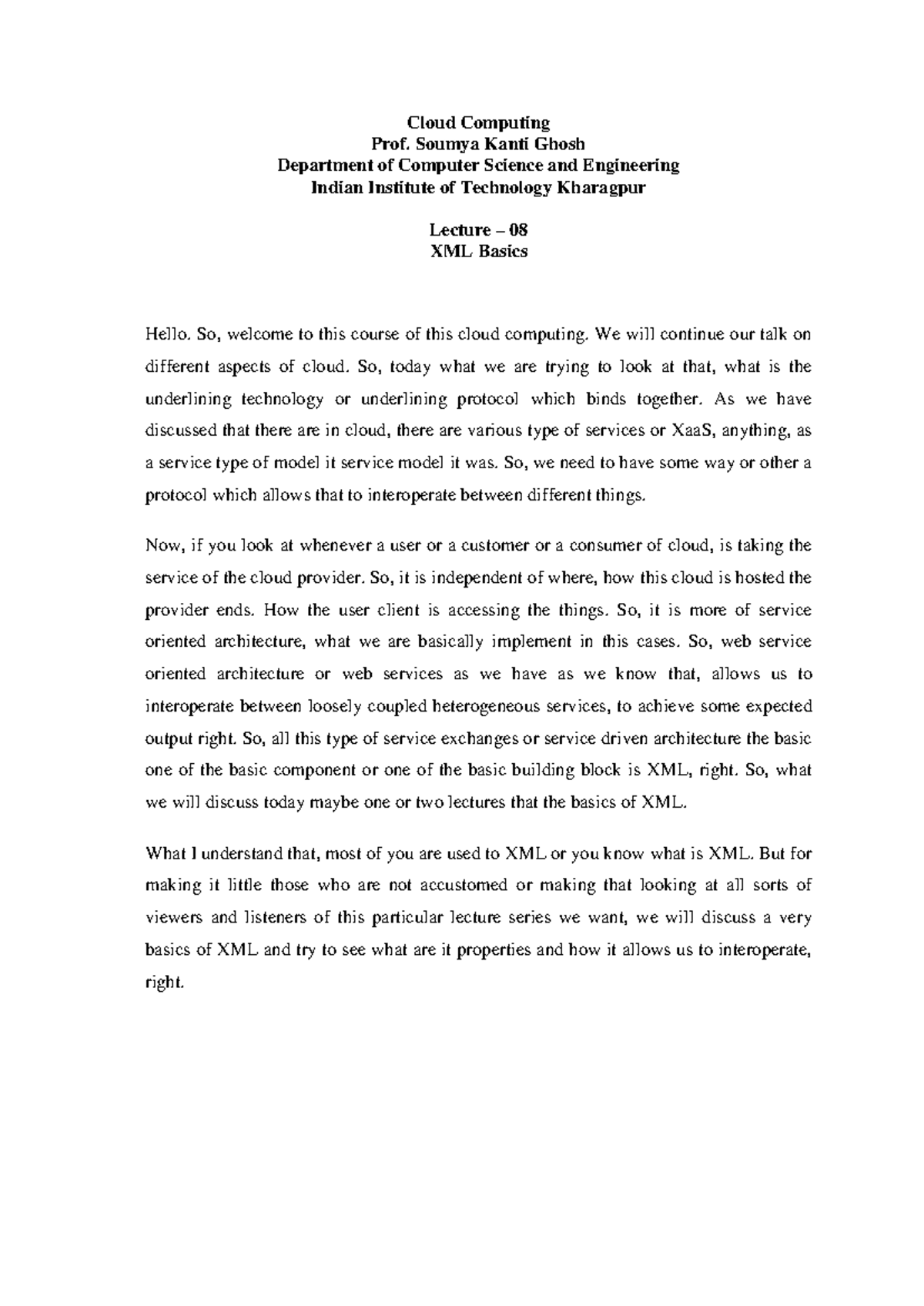 Cloud Computing CSE 08: Lecture on XML Basics and Interoperability - Studocu