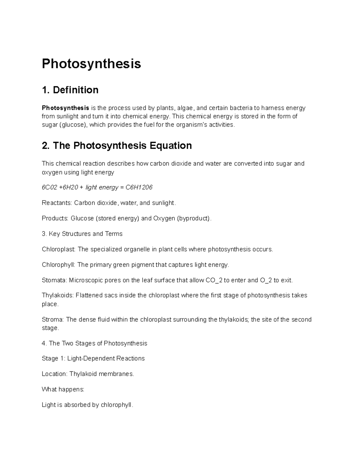 Biology Study Notes: Photosynthesis Process and Key Concepts - Studocu