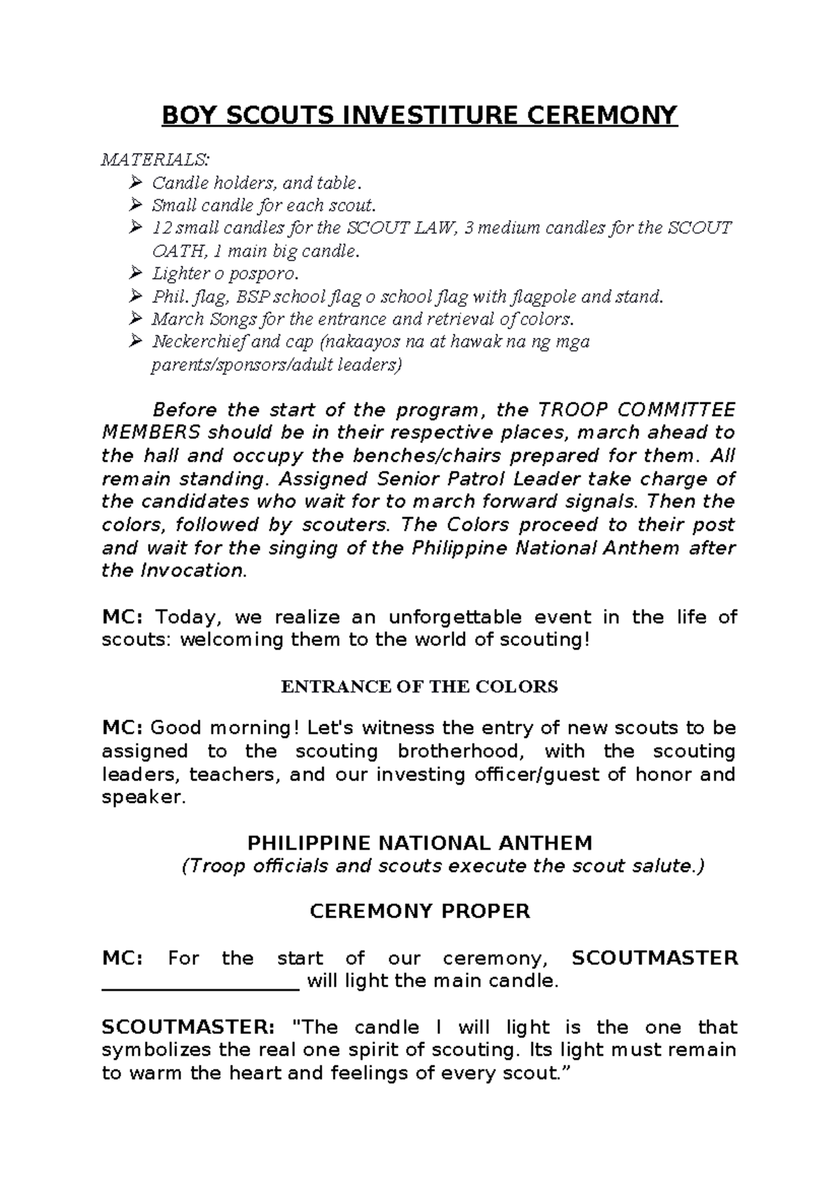 BOY Scouts Investiture Ceremony Overview and Detailed Program - Studocu