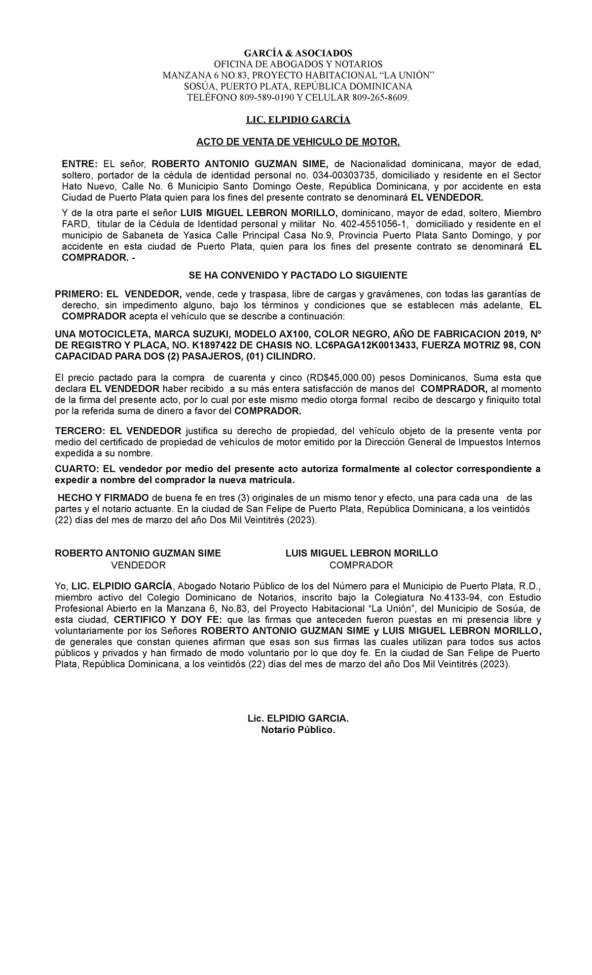 ACTO DE VENTA DE MOTOCICLETA - RD 2023 - Lic. Elpidio García - Studocu