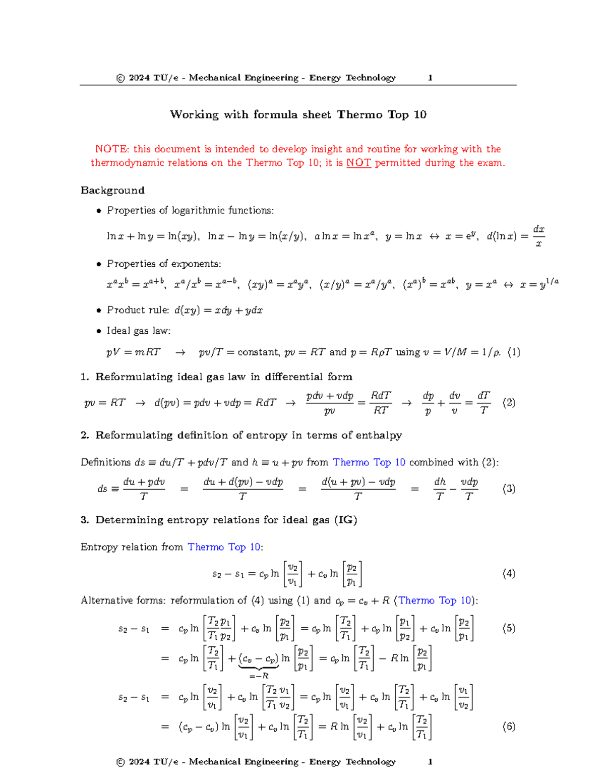 Thermo Top 10 Formula Sheet: Key Relations for Energy Tech 1 - Studeersnel