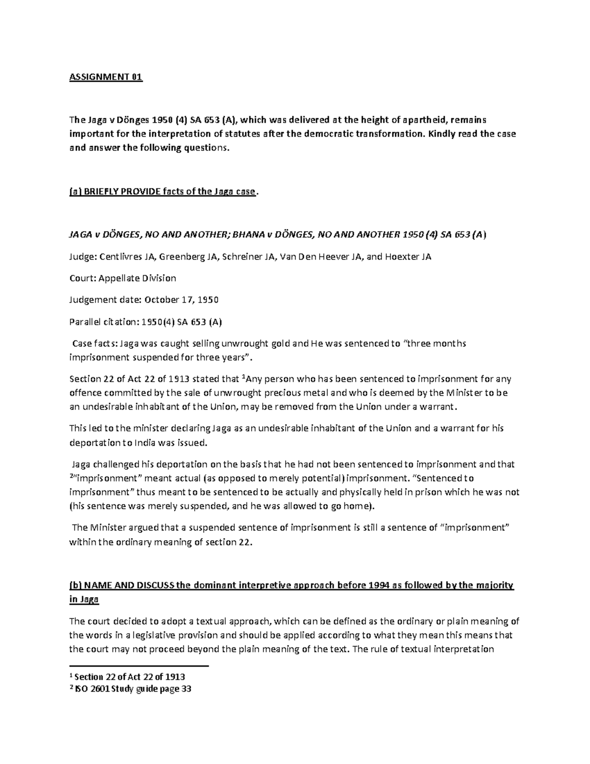 ISO 2601 Assignment 1: Analysis of Jaga v Dönges Case and Interpretive ...