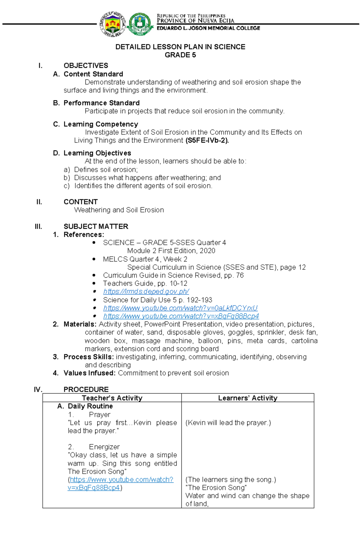 Grade 5 Detailed Lesson Plan: Weathering & Soil Erosion (S5FE-IVb-2 ...