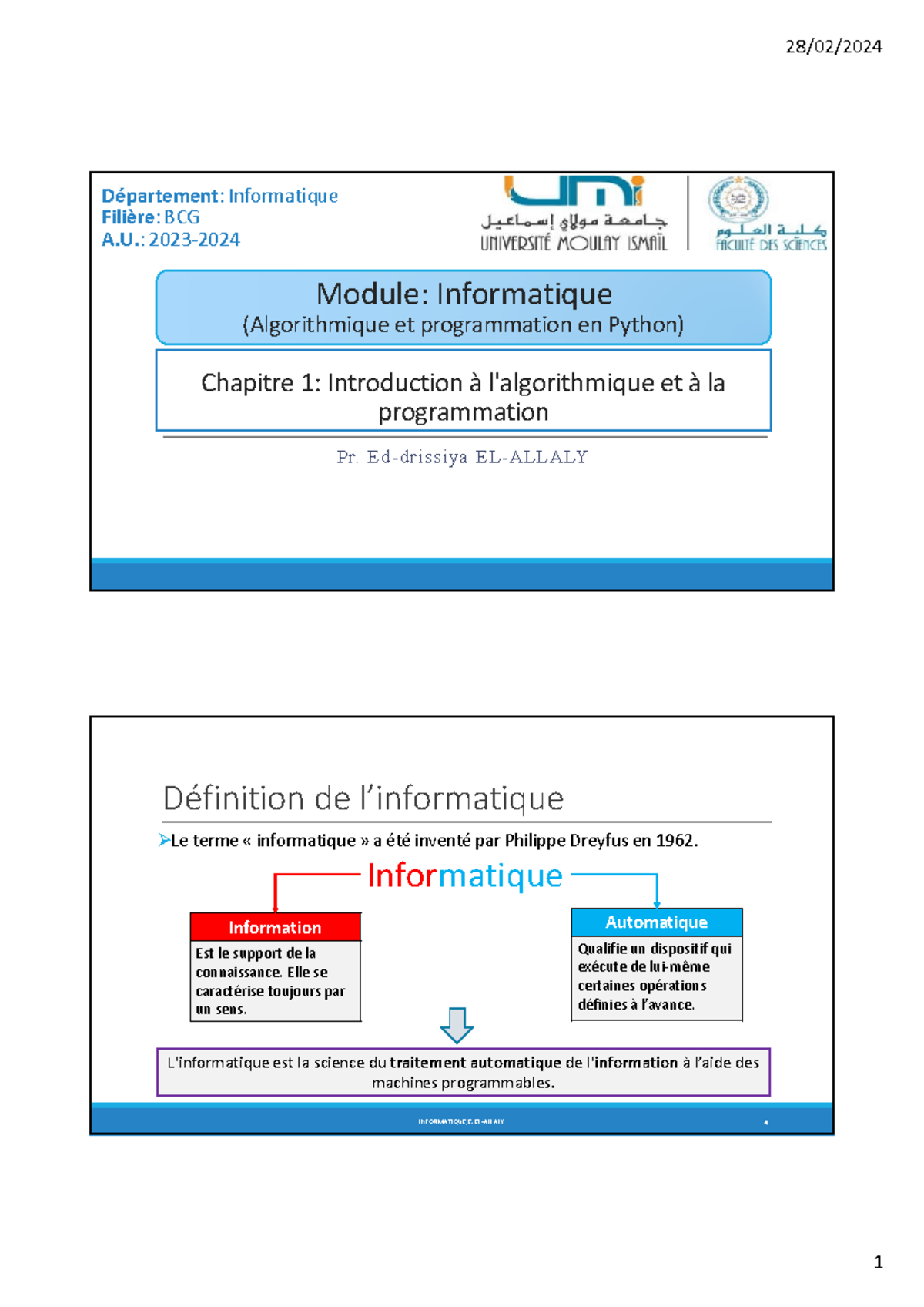 Chapitre 1: Introduction à l'Algorithmique et à la Programmation (INFO101) - Studocu