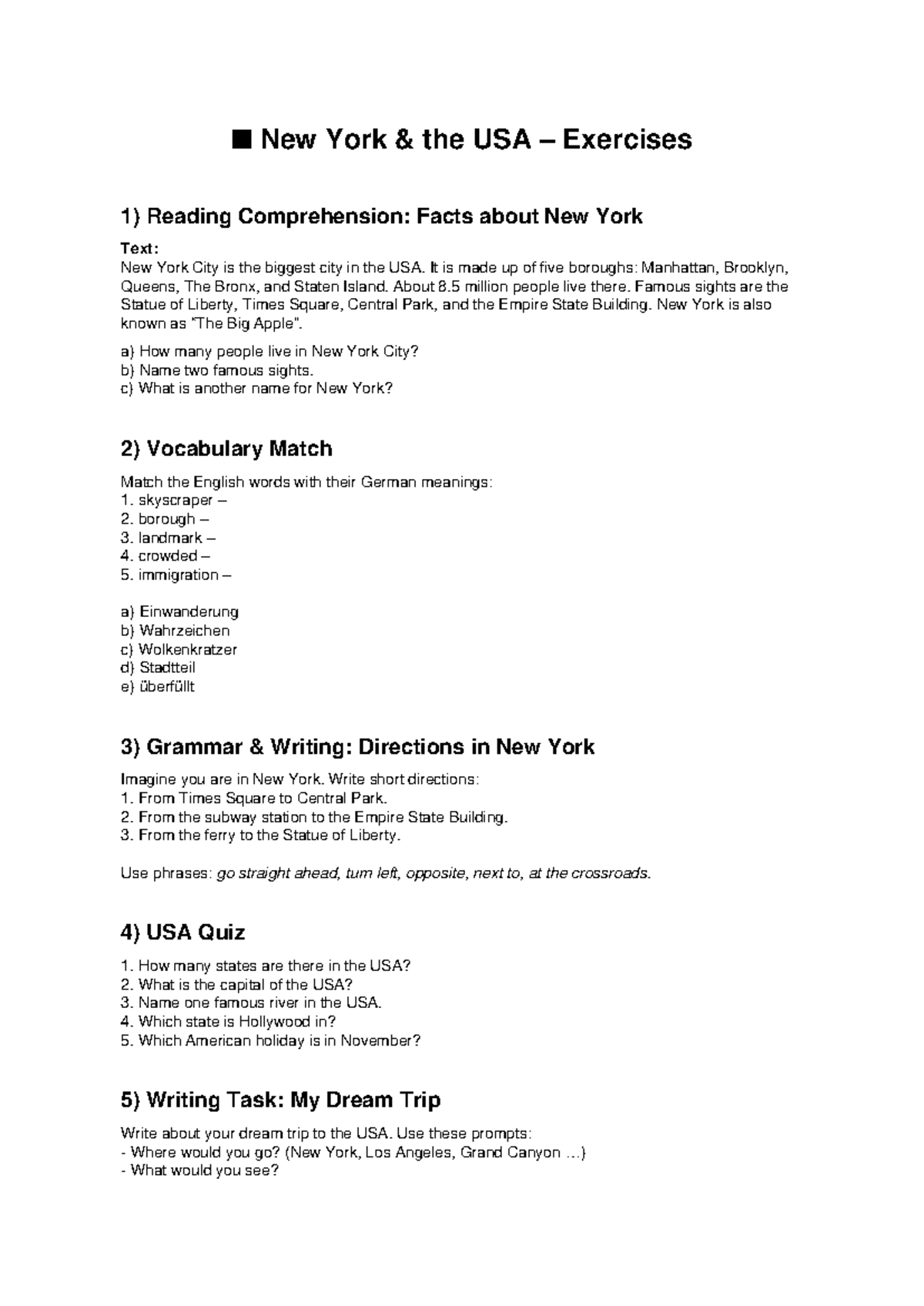 New York USA Exercises: Reading, Vocabulary, Grammar & Quiz - Studocu