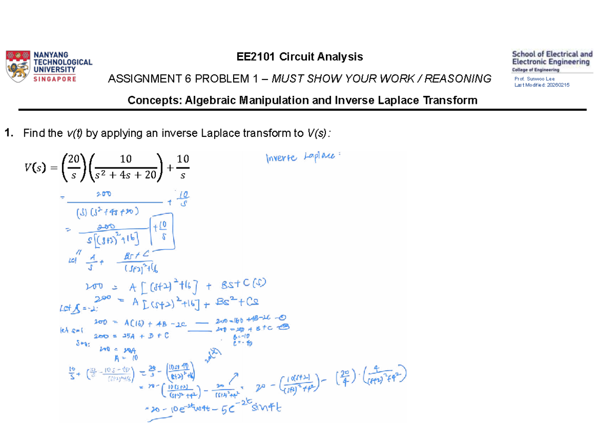 EE2101 Circuit Analysis Assignment 6: Inverse Laplace Transform ...