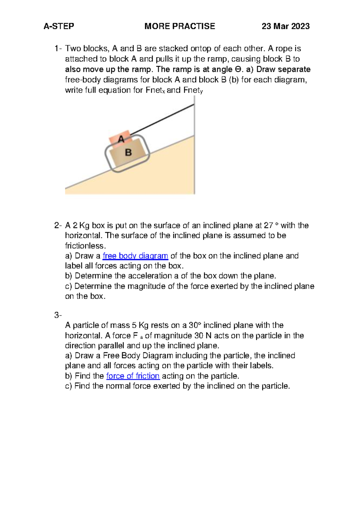 Chp 5: Inclined Plane Dynamics & Free Body Diagrams Practice - Studocu
