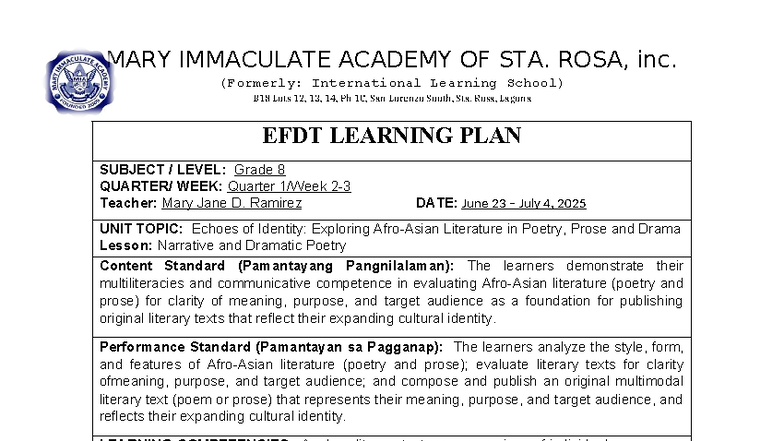 Grade 8 EFDT Learning Plan: Narrative & Dramatic Poetry Lessons - Studocu