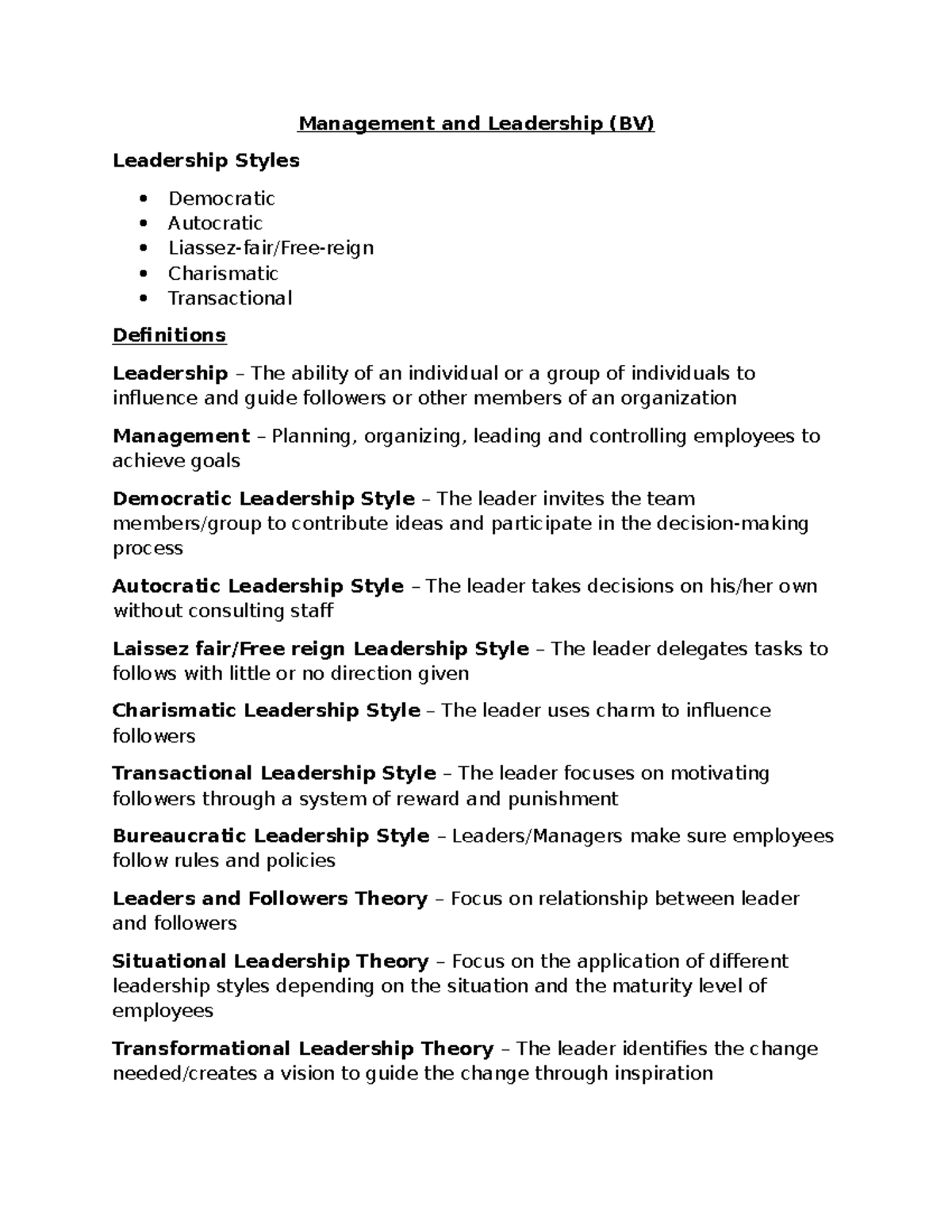 Leadership Styles and Management Theories (BV) - Business Notes for ...