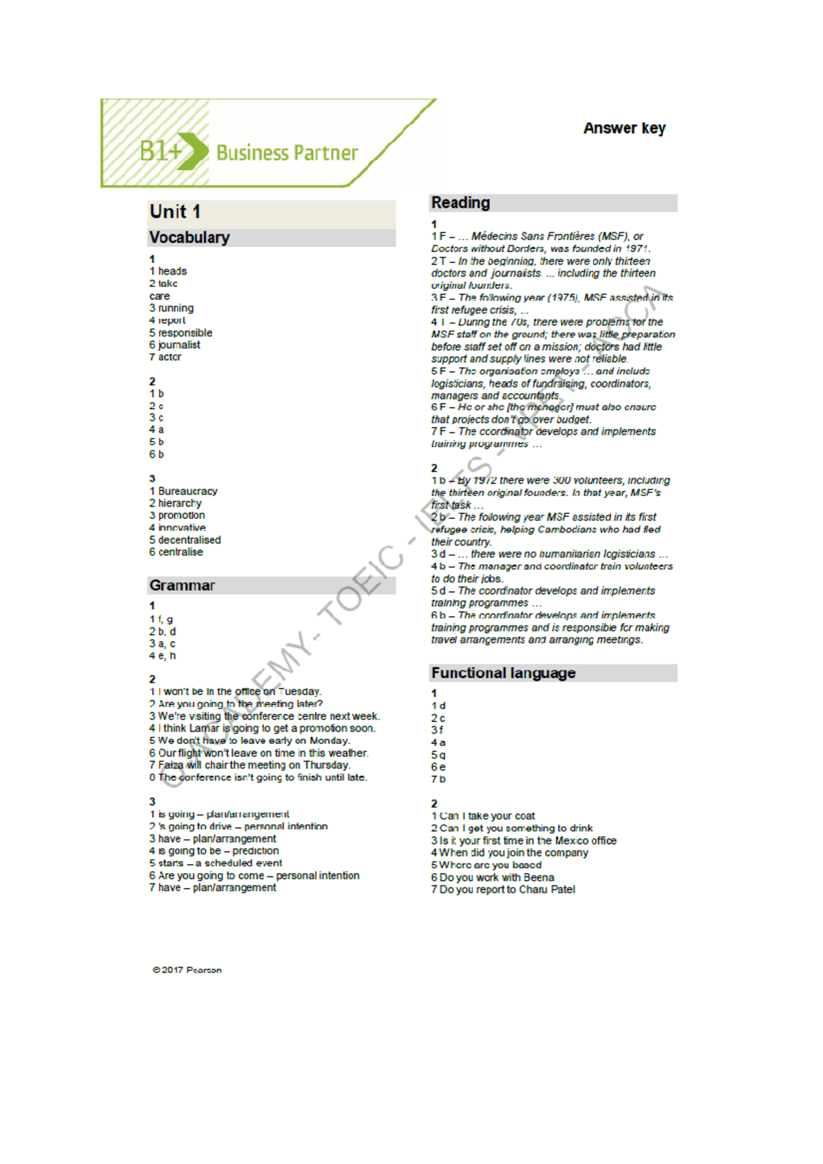 Business Partner B1+ Workbook Answer Key: Unit 1 Vocabulary & Grammar ...