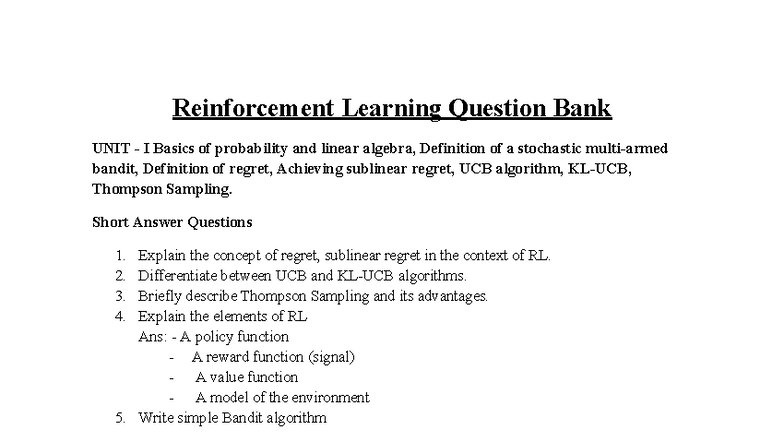 Reinforcement Learning (RL) Unitwise Important Questions and Concepts ...