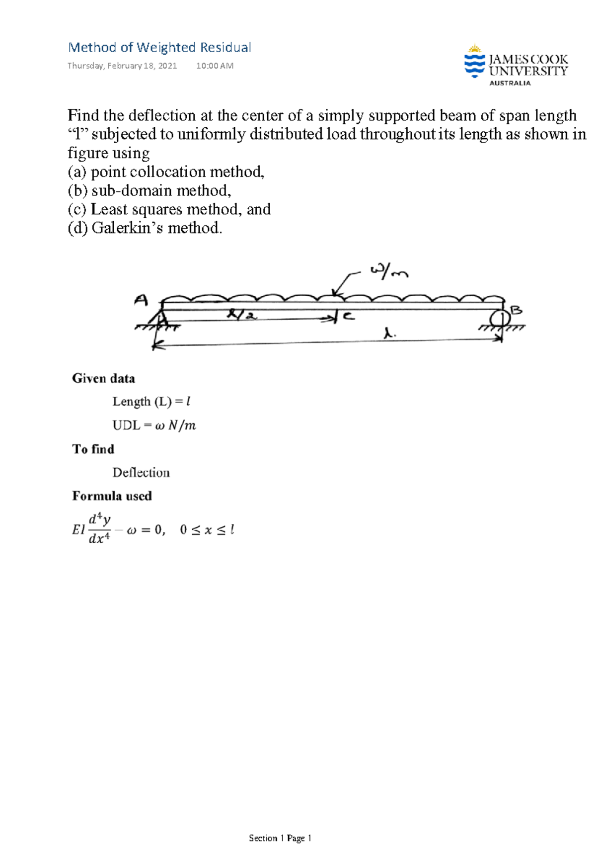 Weighted Residual Methods for Beam Deflection Analysis S1-1 - Studocu