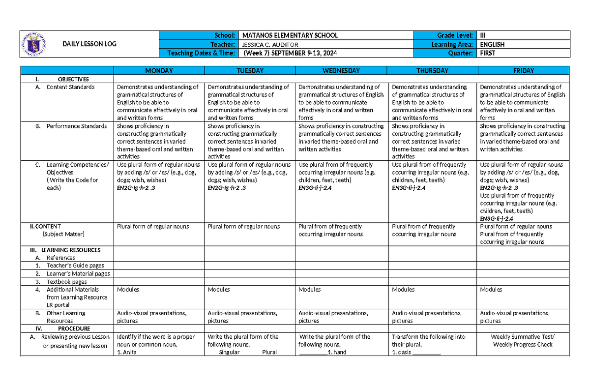 DLL English 3 Q1 W7 - DAILY LESSON LOG School: MATANOS ELEMENTARY ...