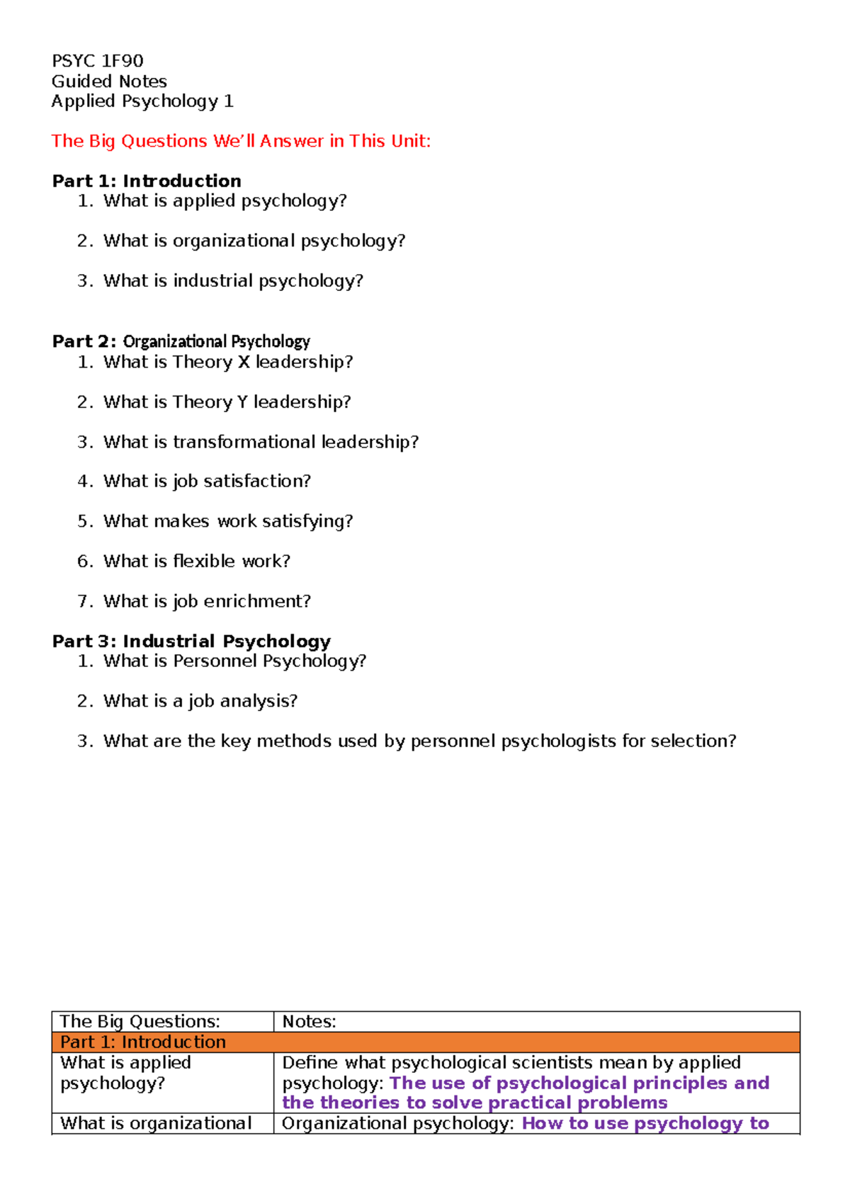 Applied Psychology Guided Notes - PSYC 1F Guided Notes Applied ...