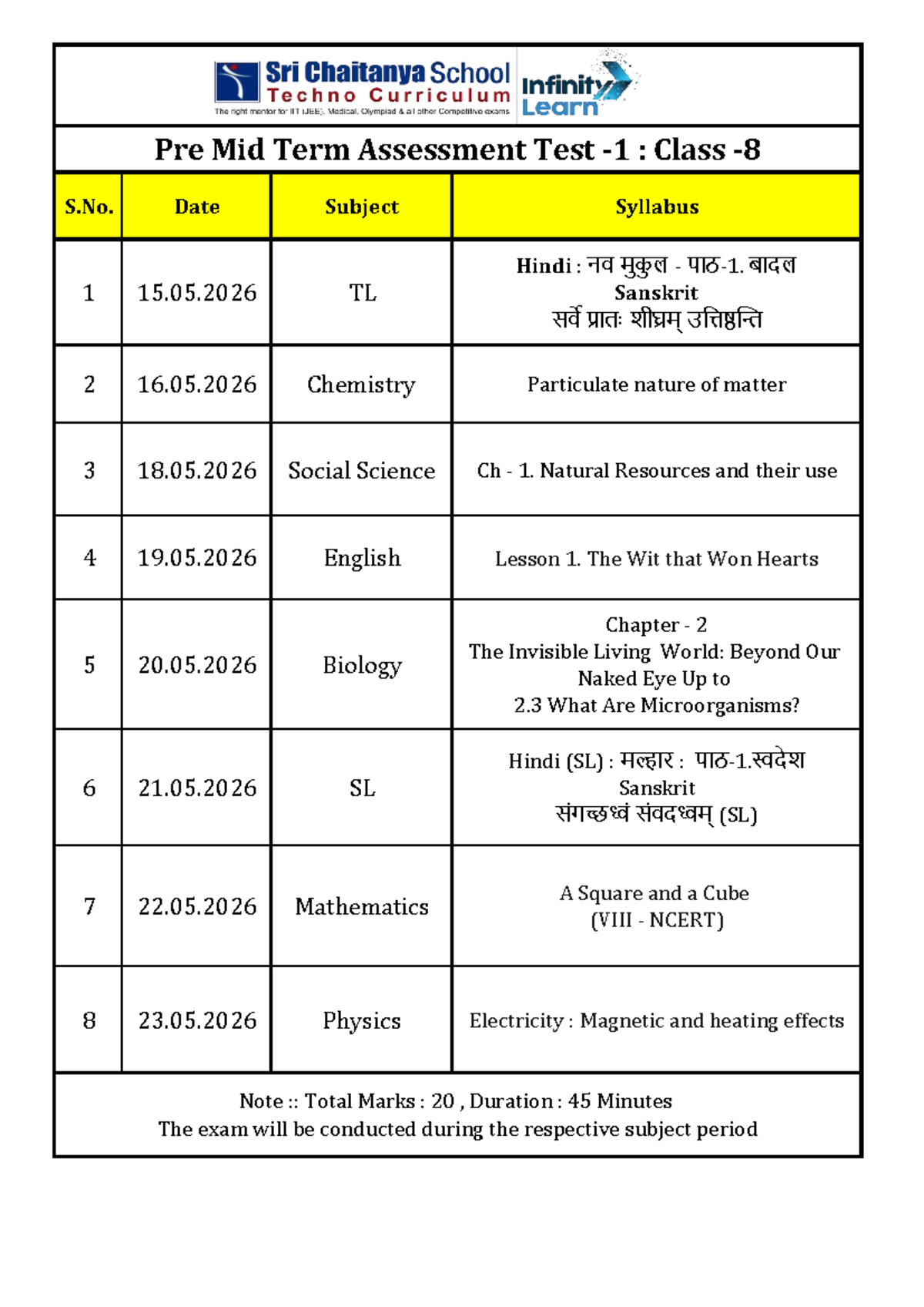 8th Class Pre Mid Term Assessment Test-1: Time Table & Syllabus - Studocu