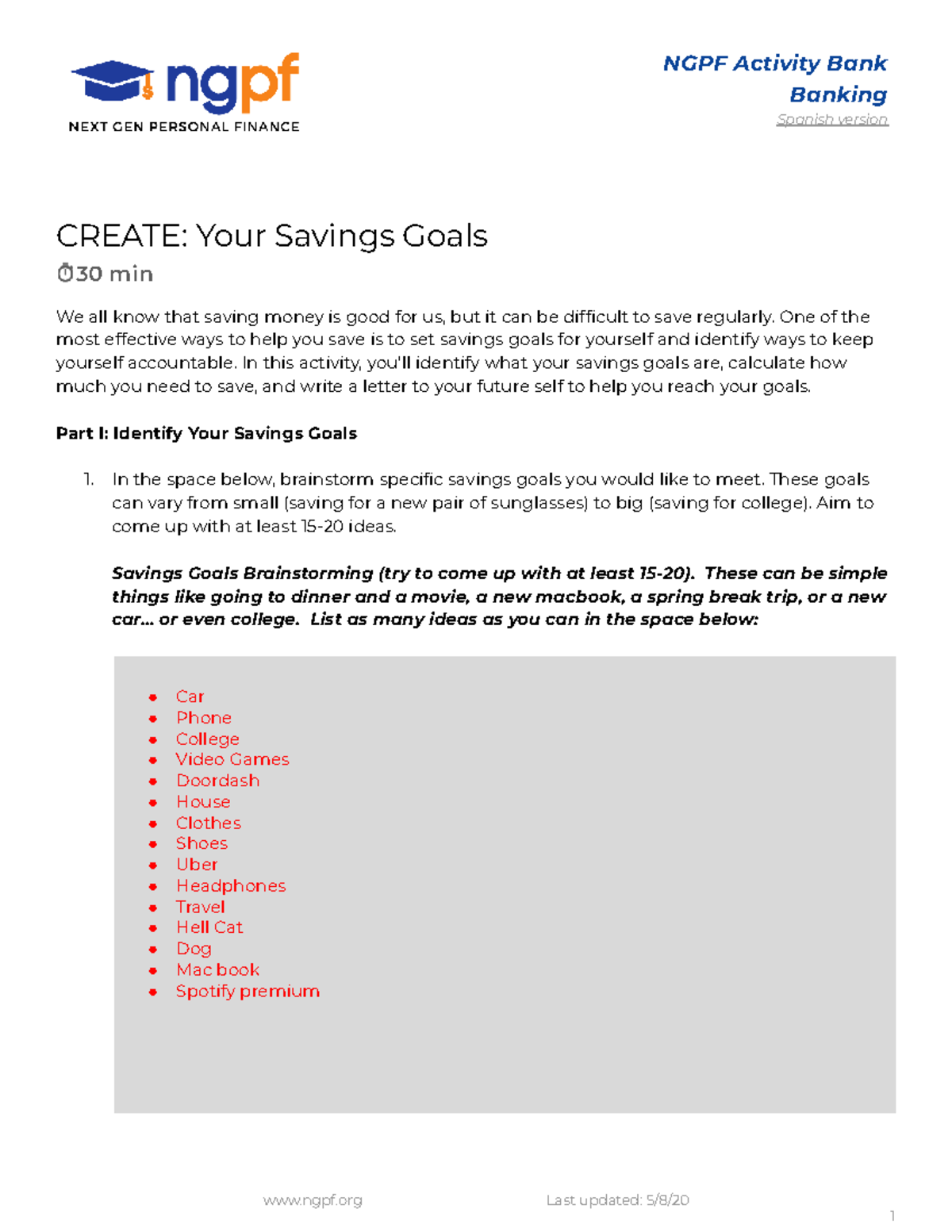 NGPF Activity Bank: Create Your Savings Goals (30 min) - Studocu