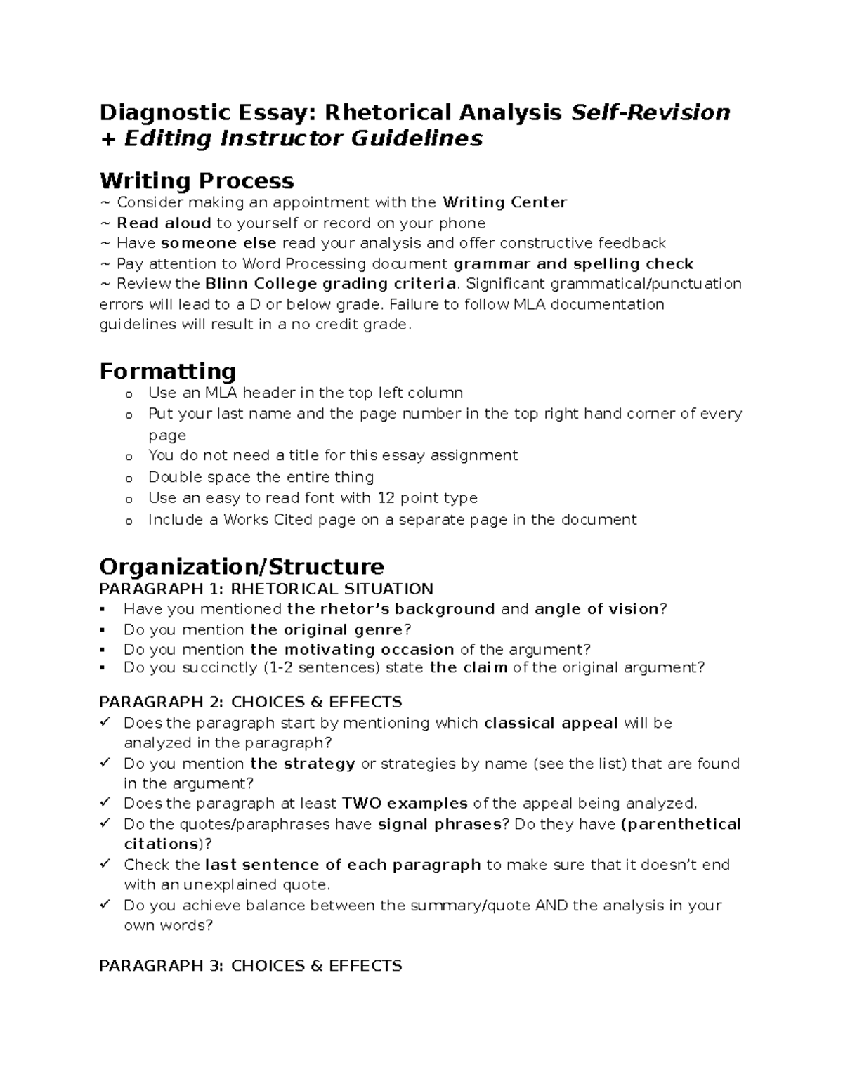 1301 Diagnostic Essay: Rhetorical Analysis Revision & Editing Guide ...