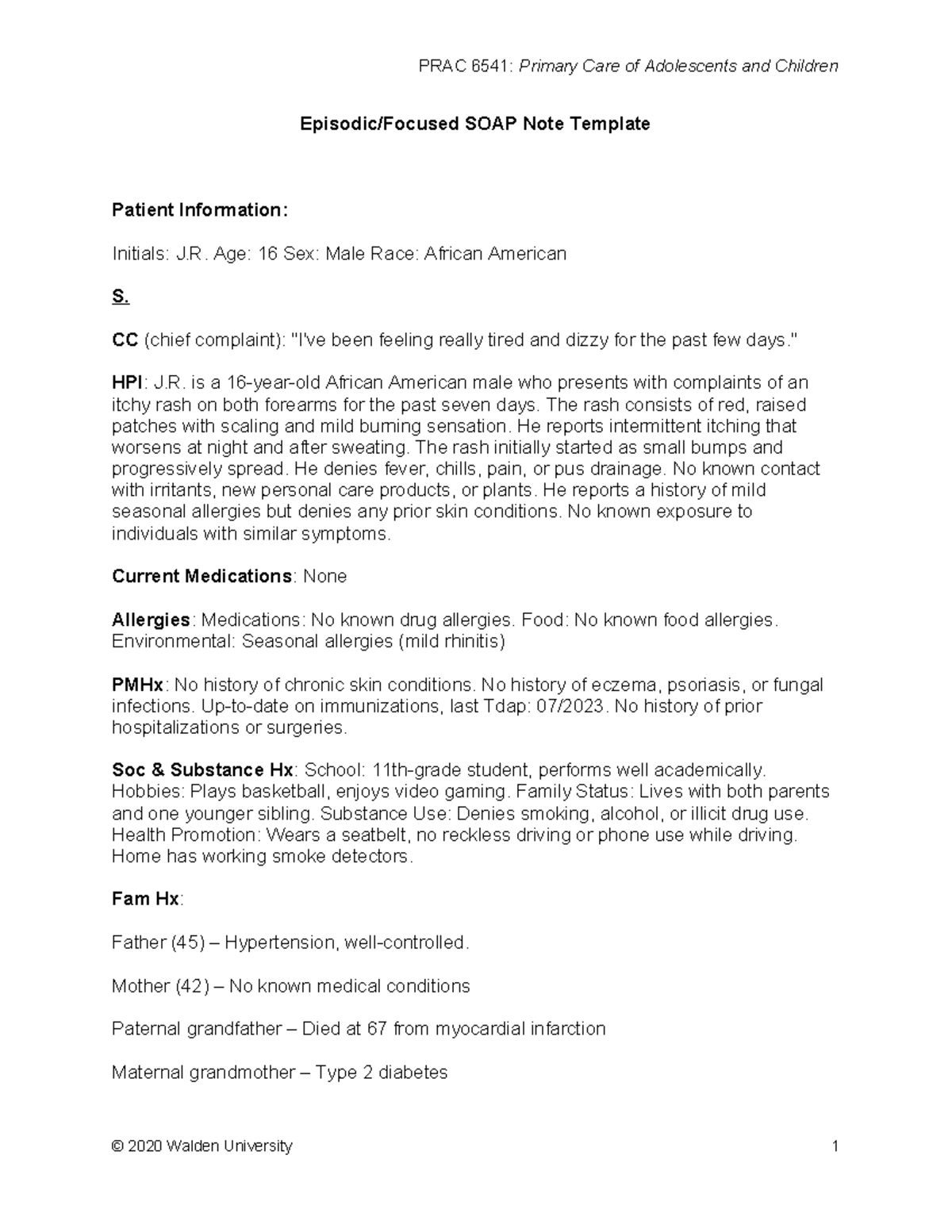 PRAC 6541: Adolescent SOAP Note for Patient J.R. - Case Study - Studocu