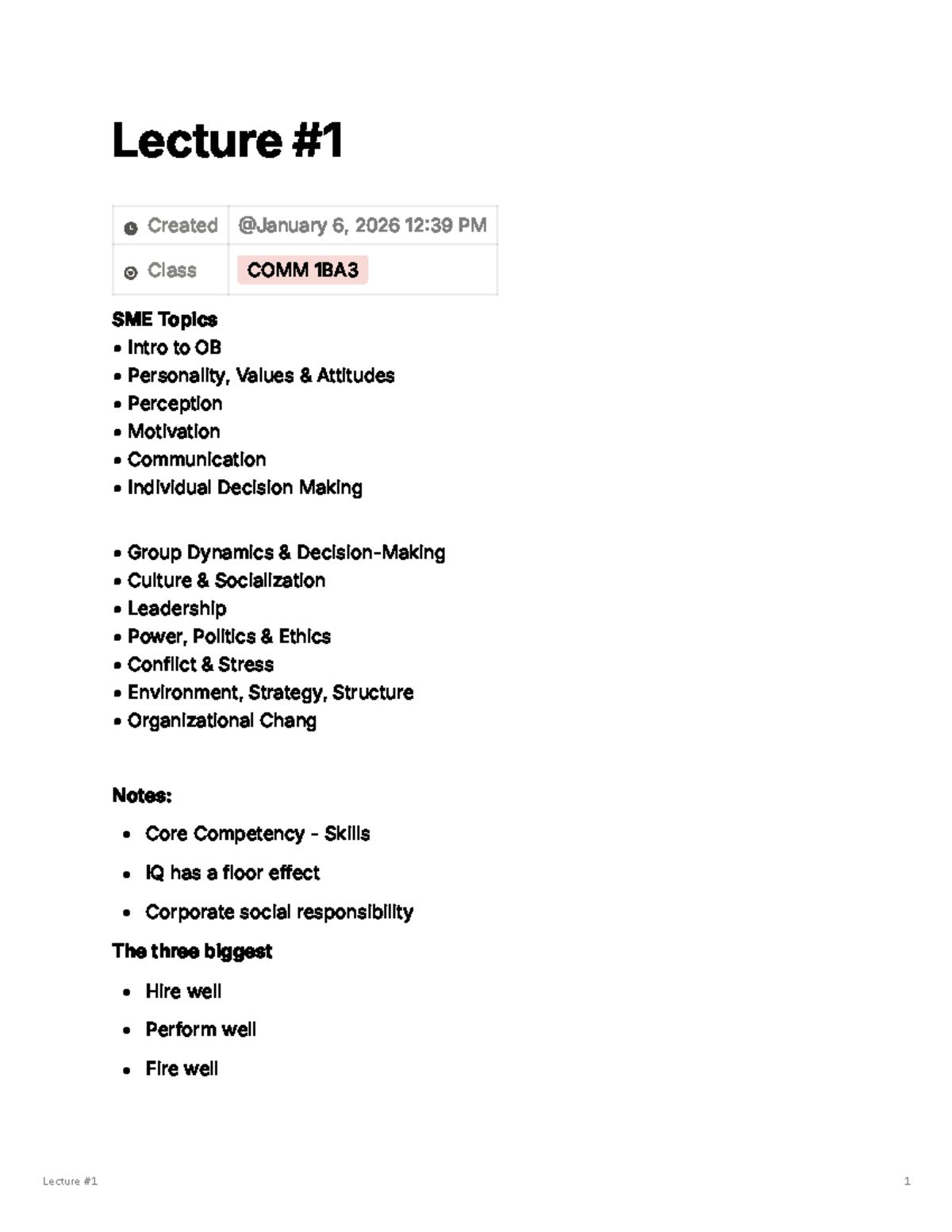 COMM 1BA3 Lecture Notes: Intro to OB & Core Competencies - Studocu