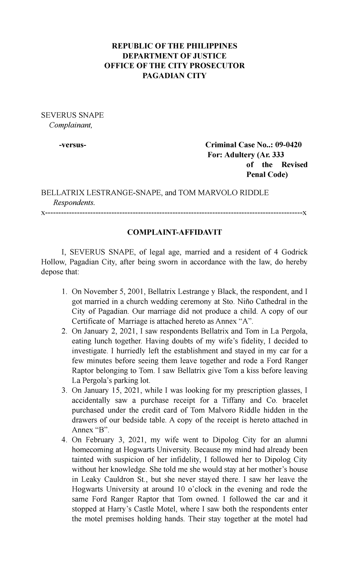 Affidavit of Complaint for Criminal Case No. 09 - Adultery - Studocu