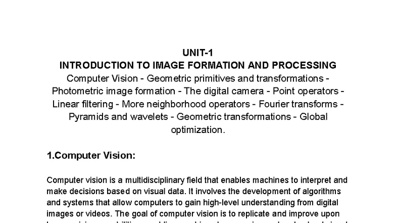 CV 101: Lecture Notes on Image Formation & Processing - Studocu