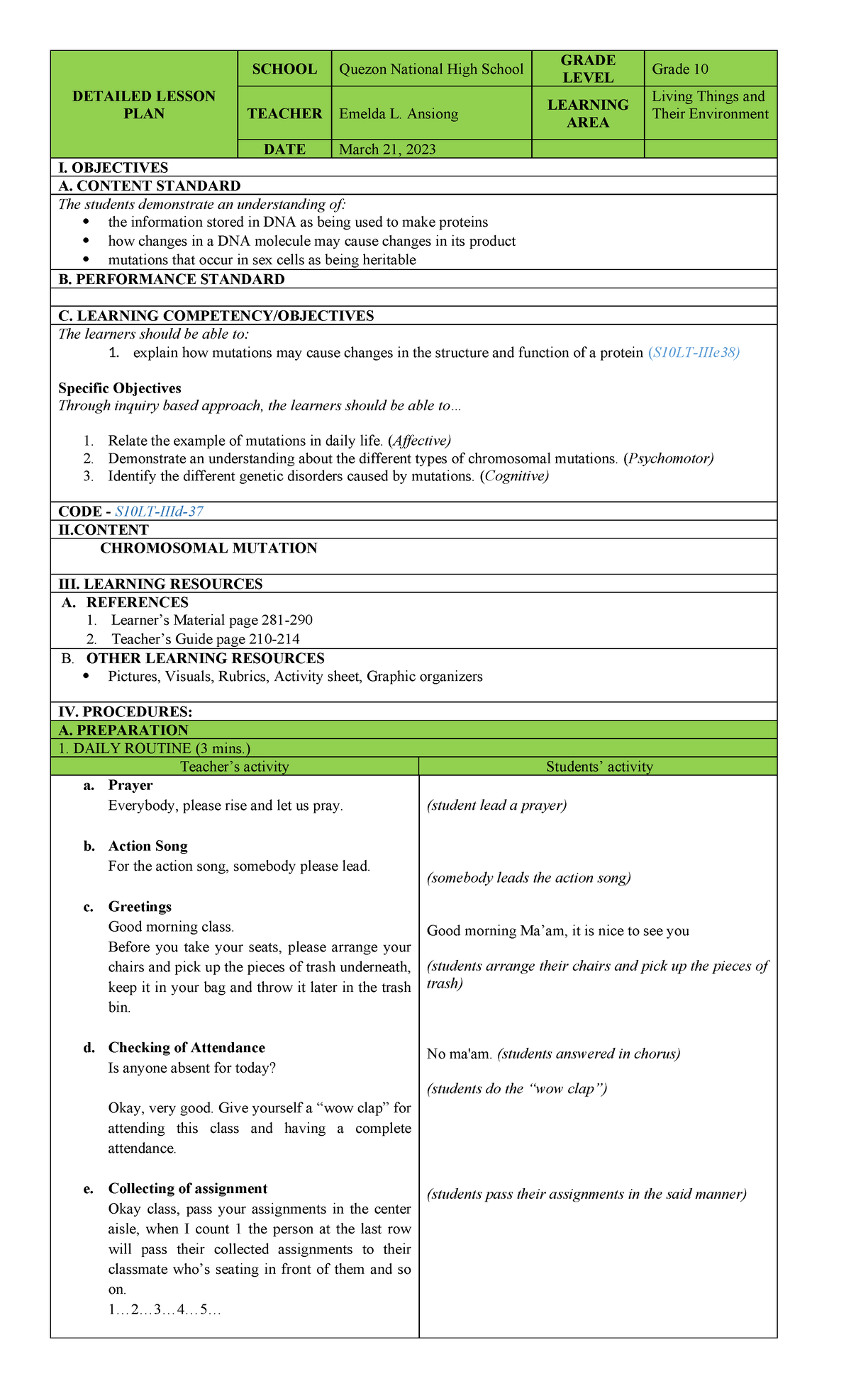 DLP: Chromosomal Mutation Lesson Plan for Grade 10 Science - Studocu