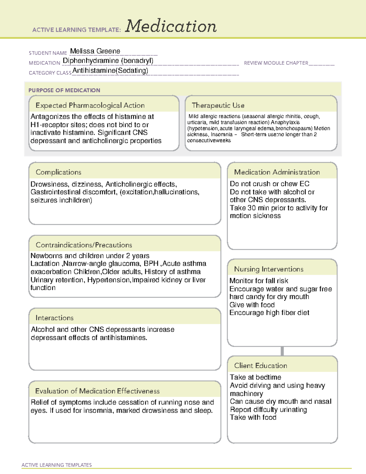 Medication Case Study Diphenhydramine Week 3 - ACTIVE LEARNING ...