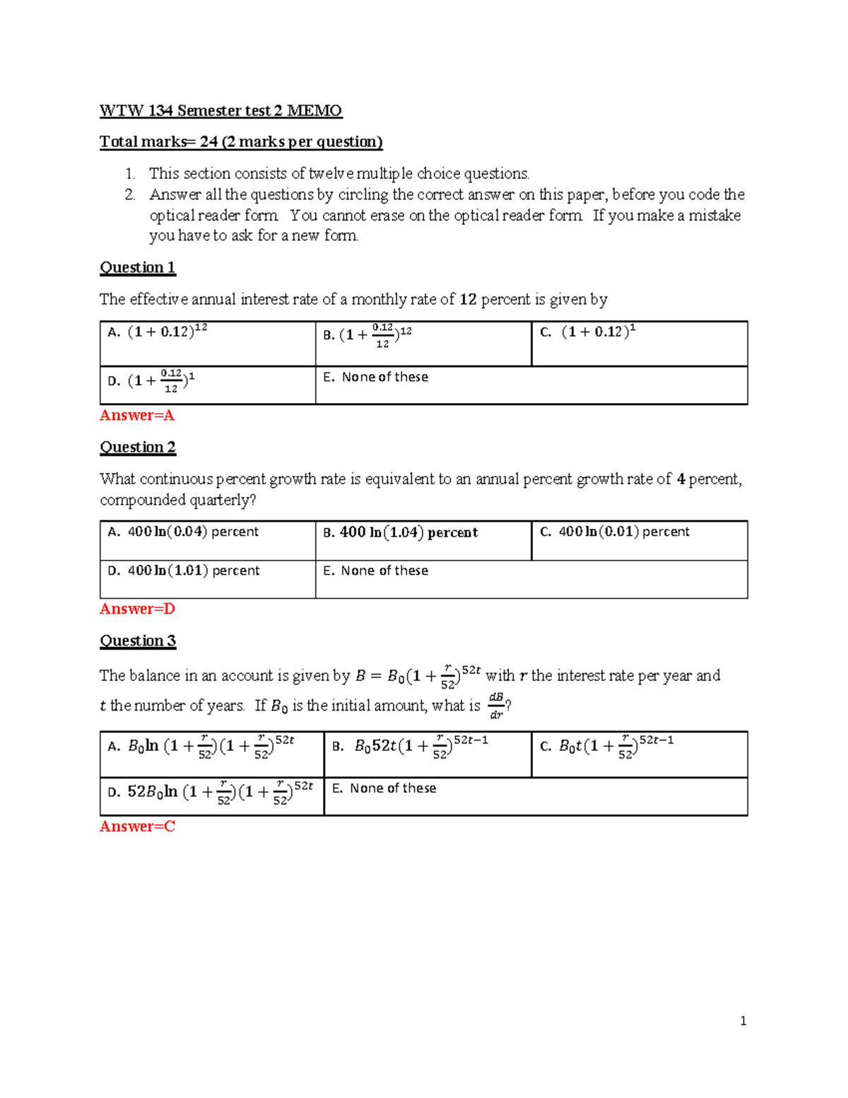 WTW 134 Semester Test 2 Memo: Detailed Solutions and Explanations - Studocu