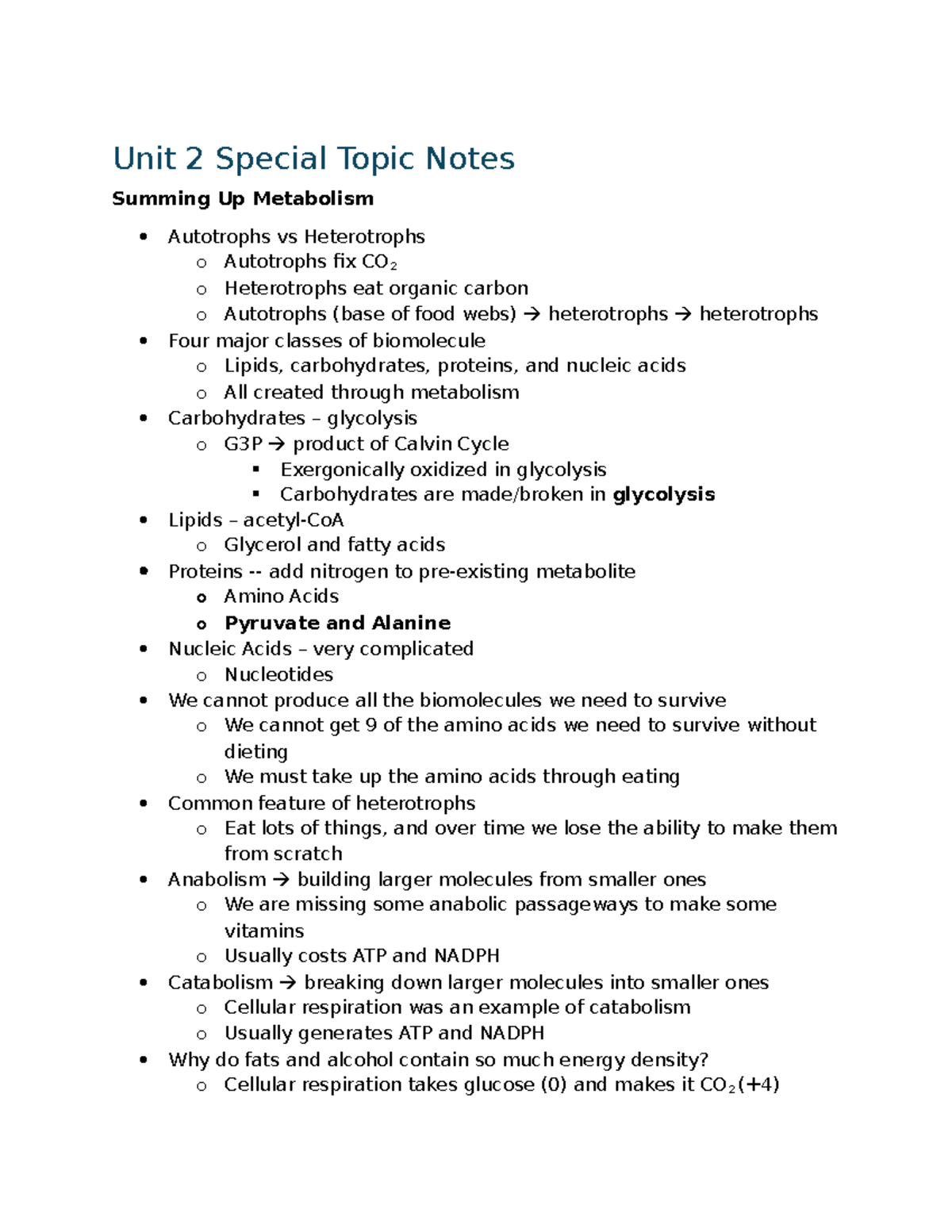 Unit 2 Lecture Notes: Overview of Metabolism & Biomolecule Classes ...