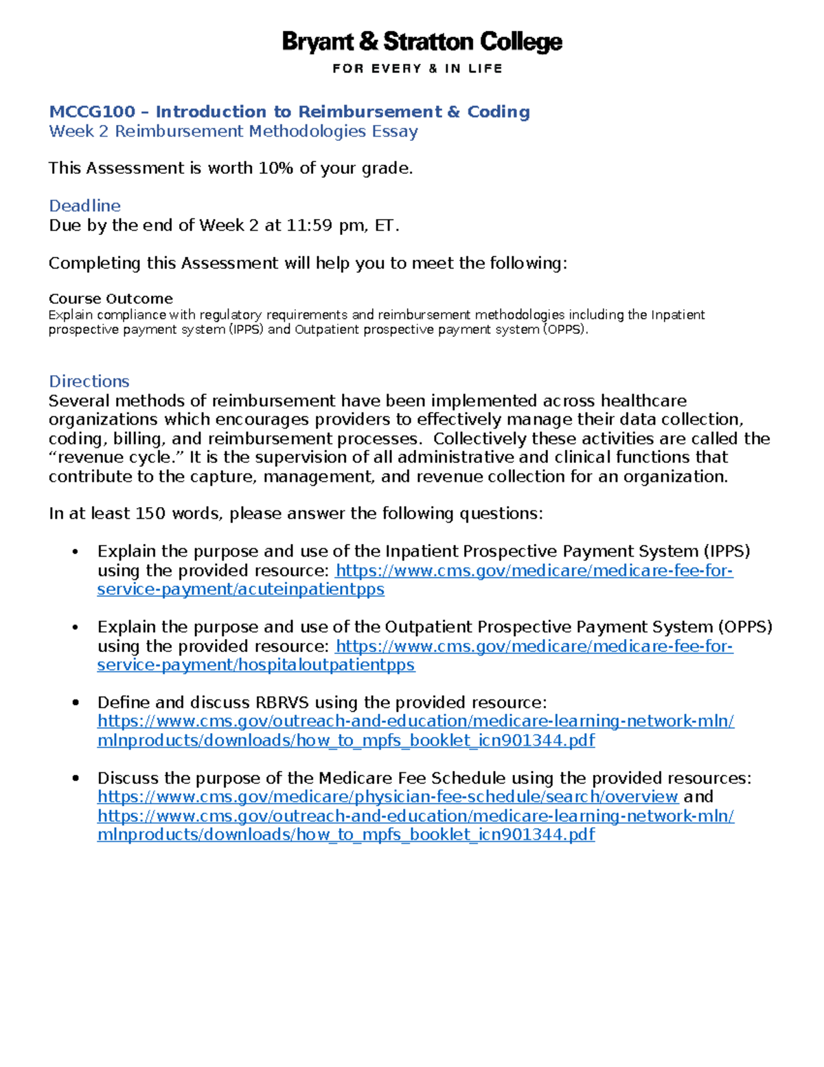 MCCG100 - Reimbursement Methodologies Essay - MCCG100 – Introduction to ...