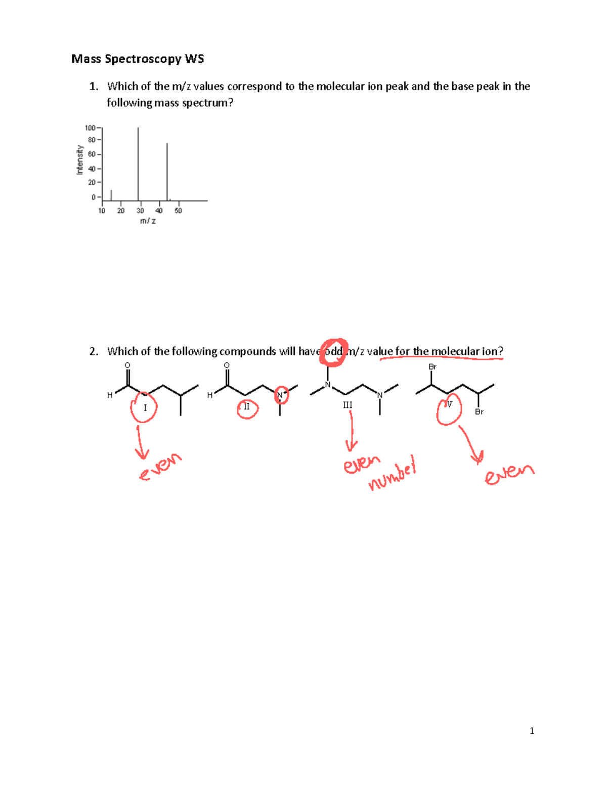 Mass-Spec-WS - Mass Spectroscopy Worksheet Analysis and Questions - Studocu
