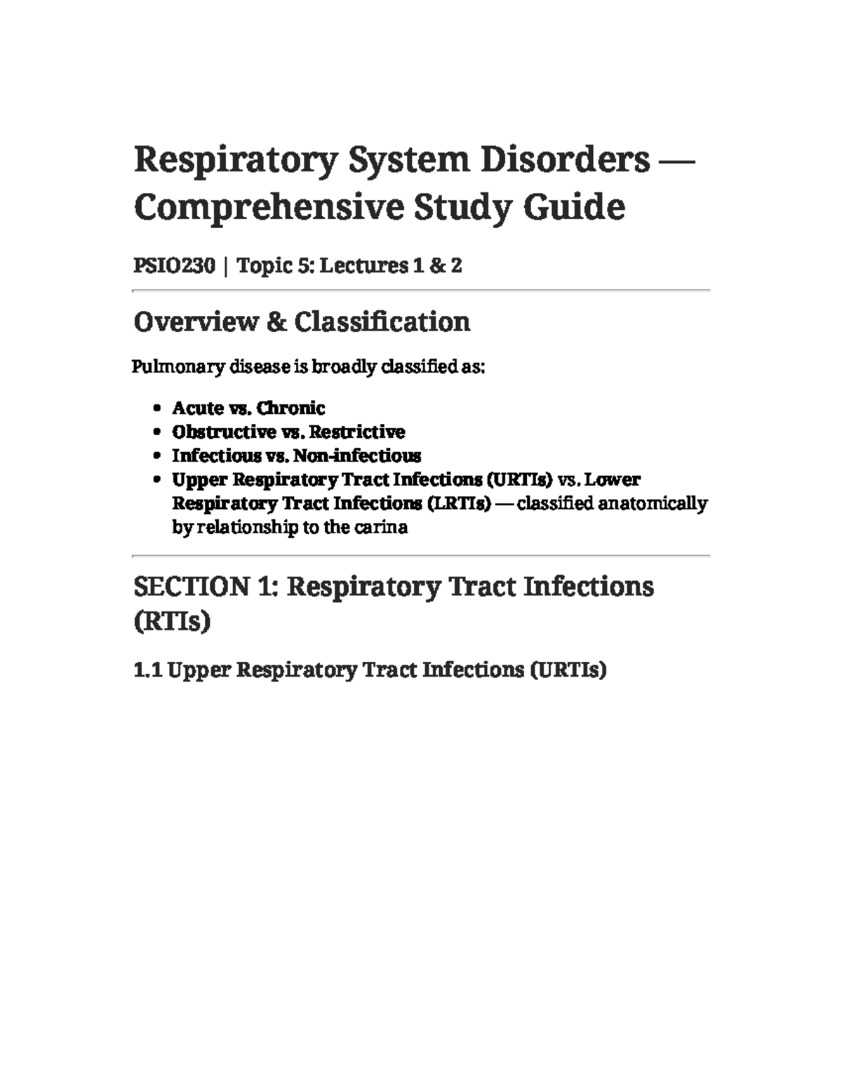 Respiratory System Disorders Study Guide PSIO230: Overview ...