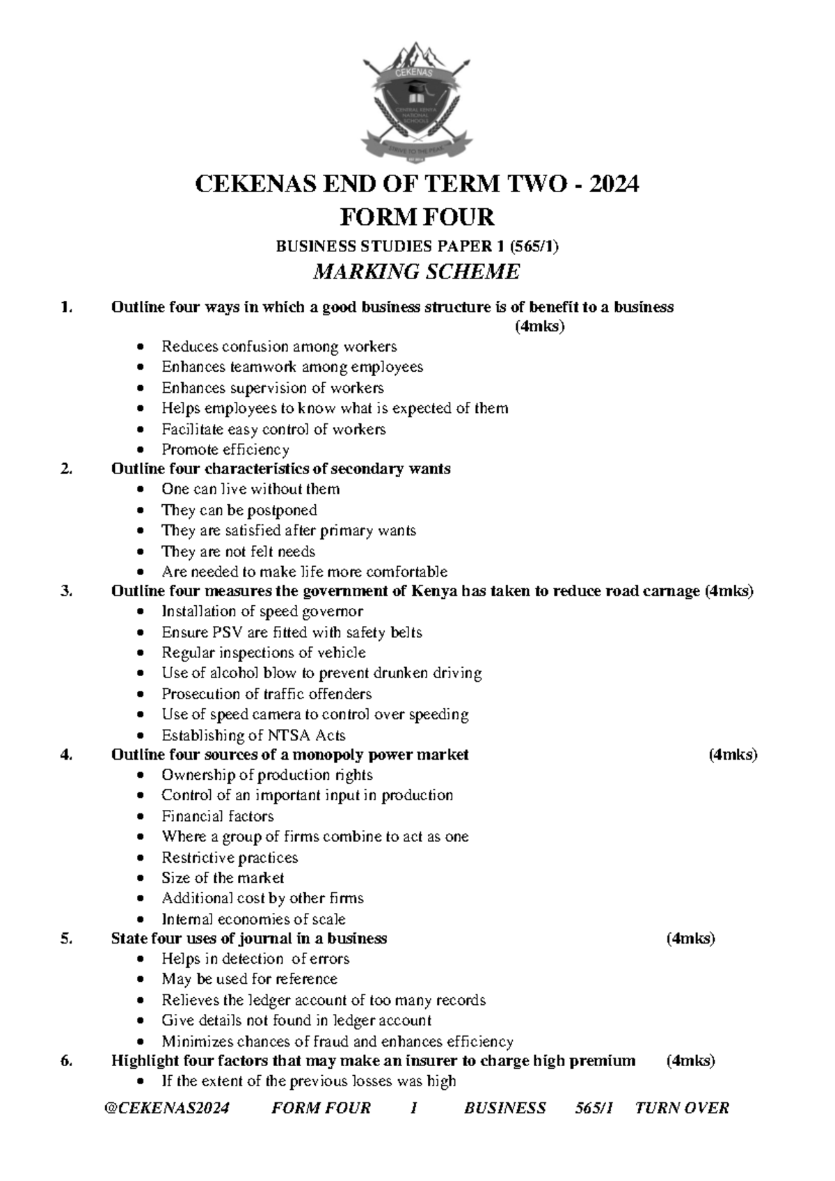 CEKENAS FORM FOUR BUSINESS STUDIES PAPER 1 MARKING SCHEME 2024 - Studocu