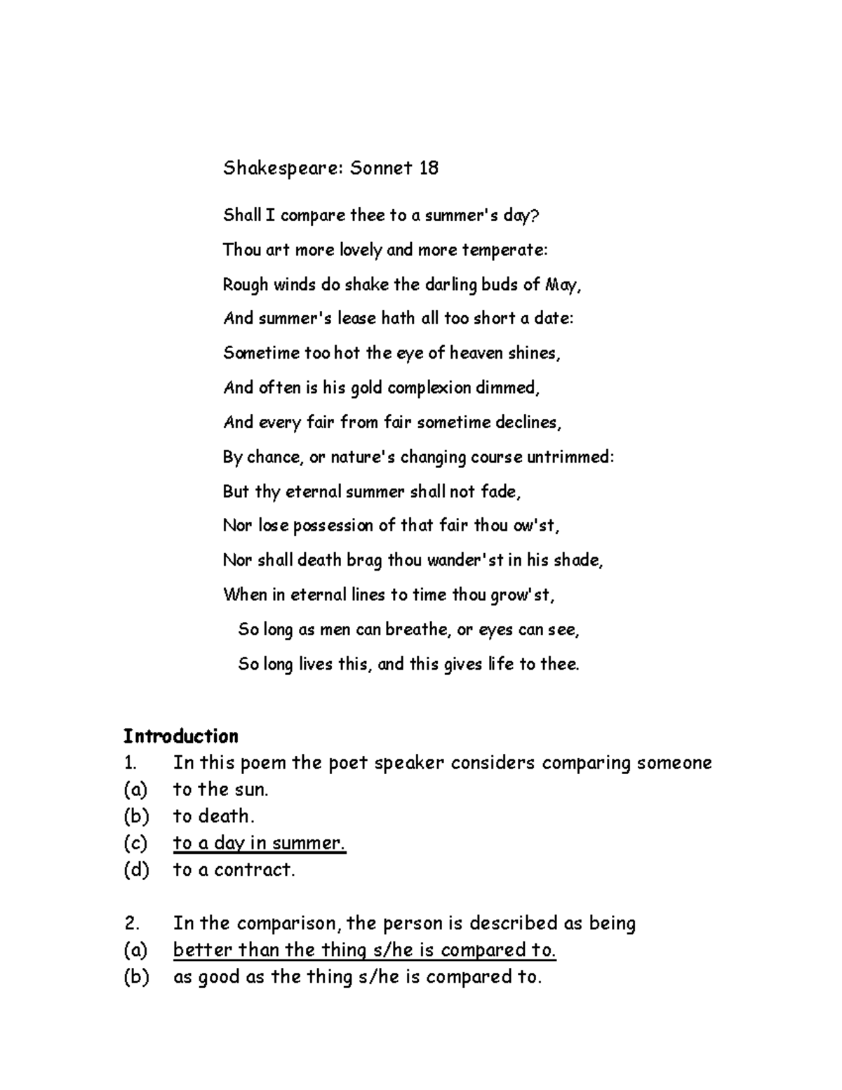 Shakespeare's Sonnet 18 Analysis - Week 2 Worksheet - Studocu