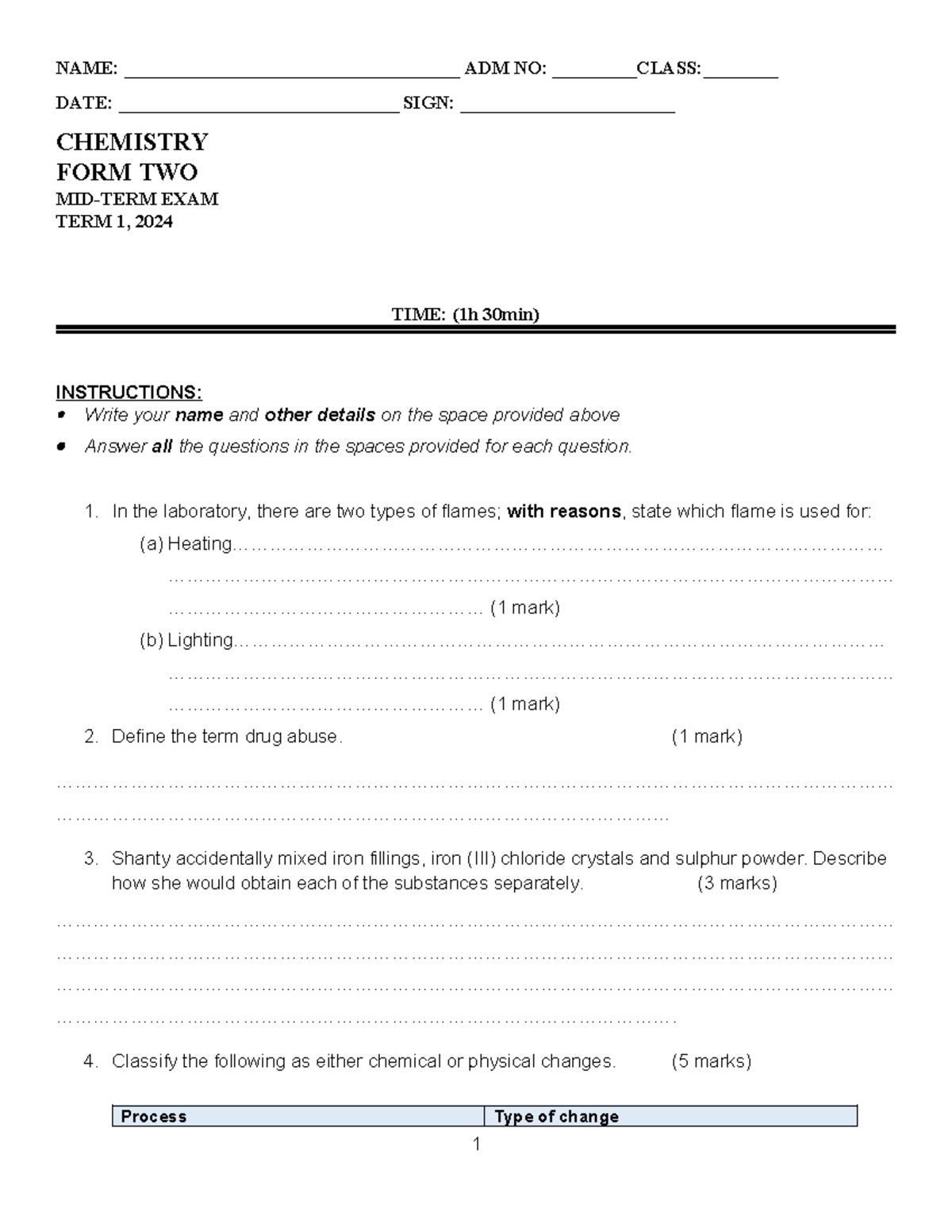 Chemistry-F2-EXAM - working for a set up examination - NAME