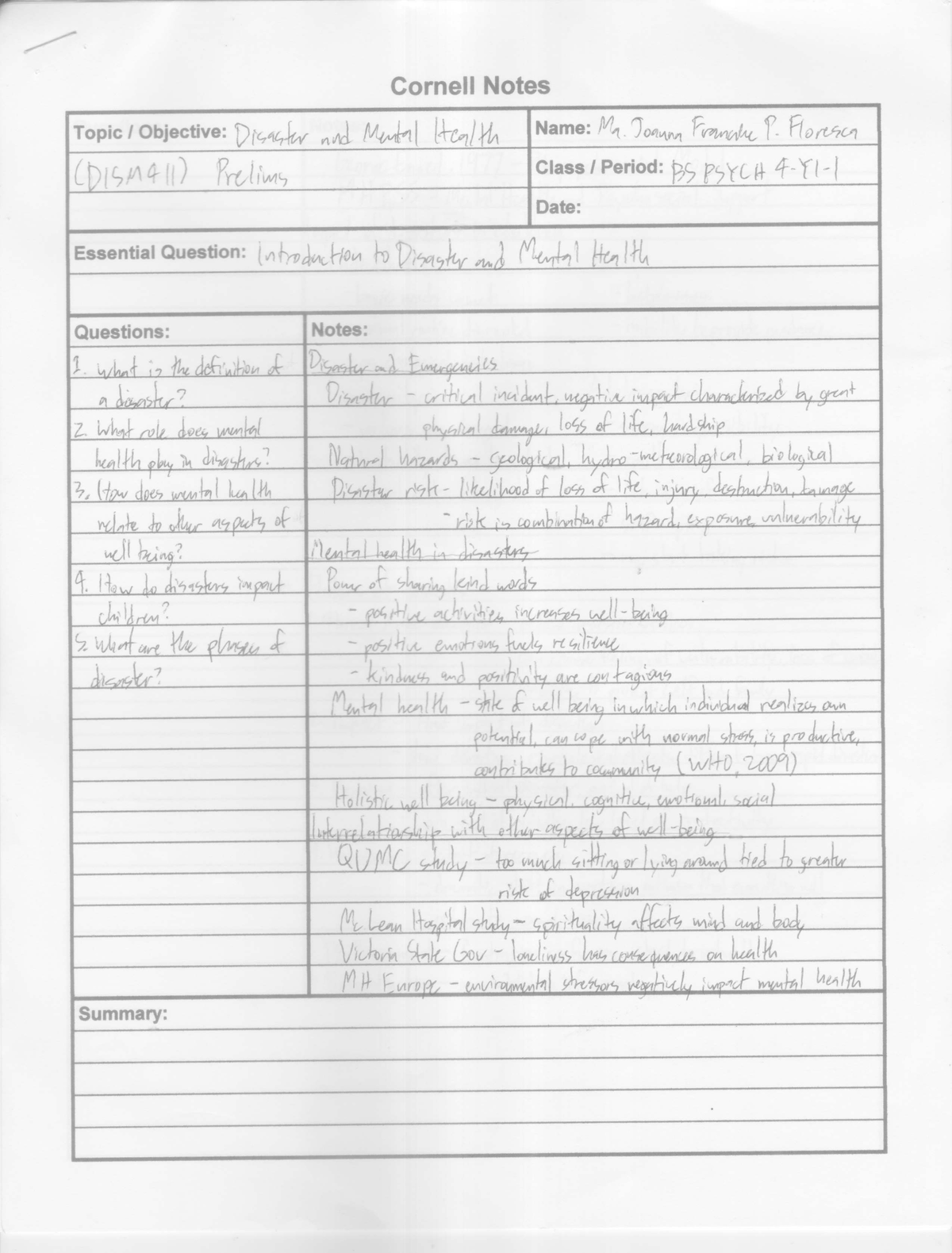 Disaster and Mental Health Insights (DISM411) - Cornell Notes - Studocu
