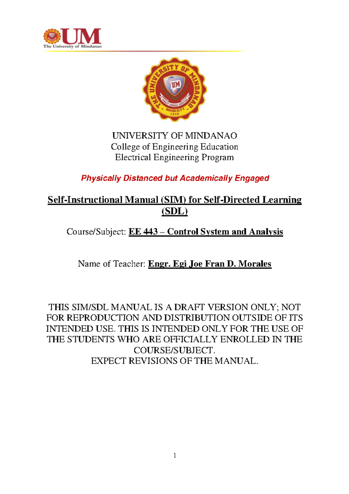 EE 443 Control System Analysis Manual: Physically Distanced Learning ...