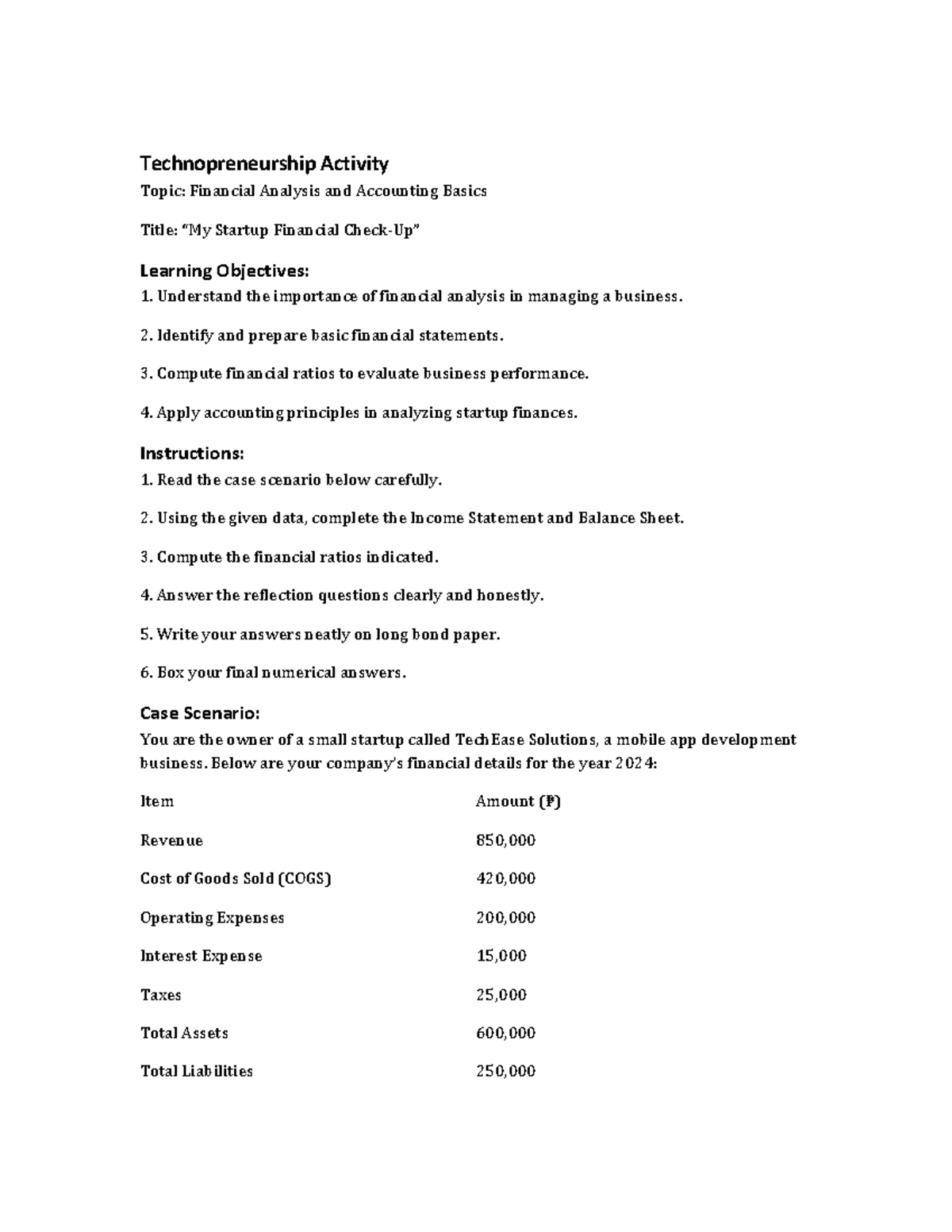 Activity 4: Financial Analysis & Accounting Basics for ...