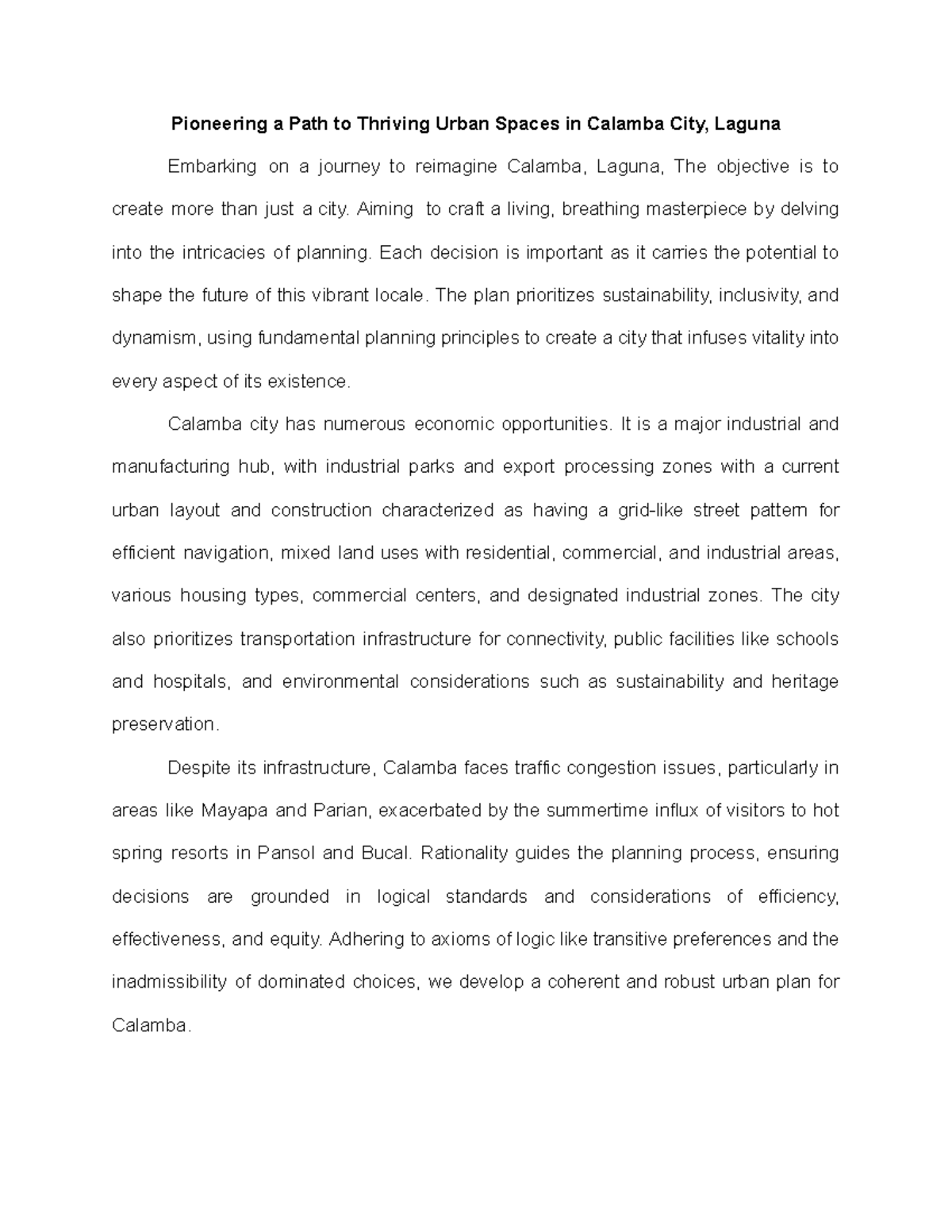 PLANNING 3 ESSAY ON URBAN DEVELOPMENT IN CALAMBA CITY - Studocu