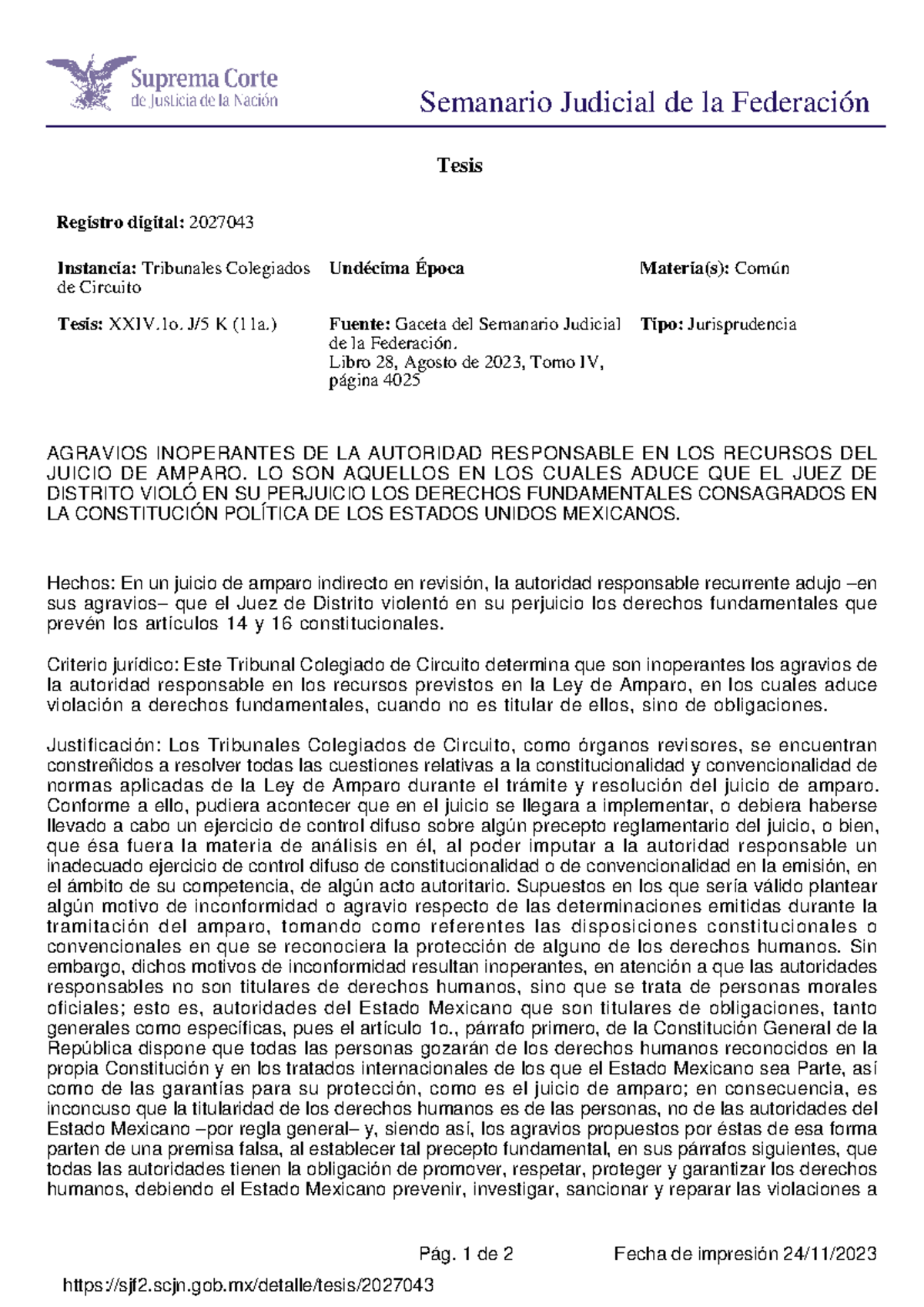 Tesis 2027043: Análisis de Agravios Inoperantes en Juicio de Amparo ...