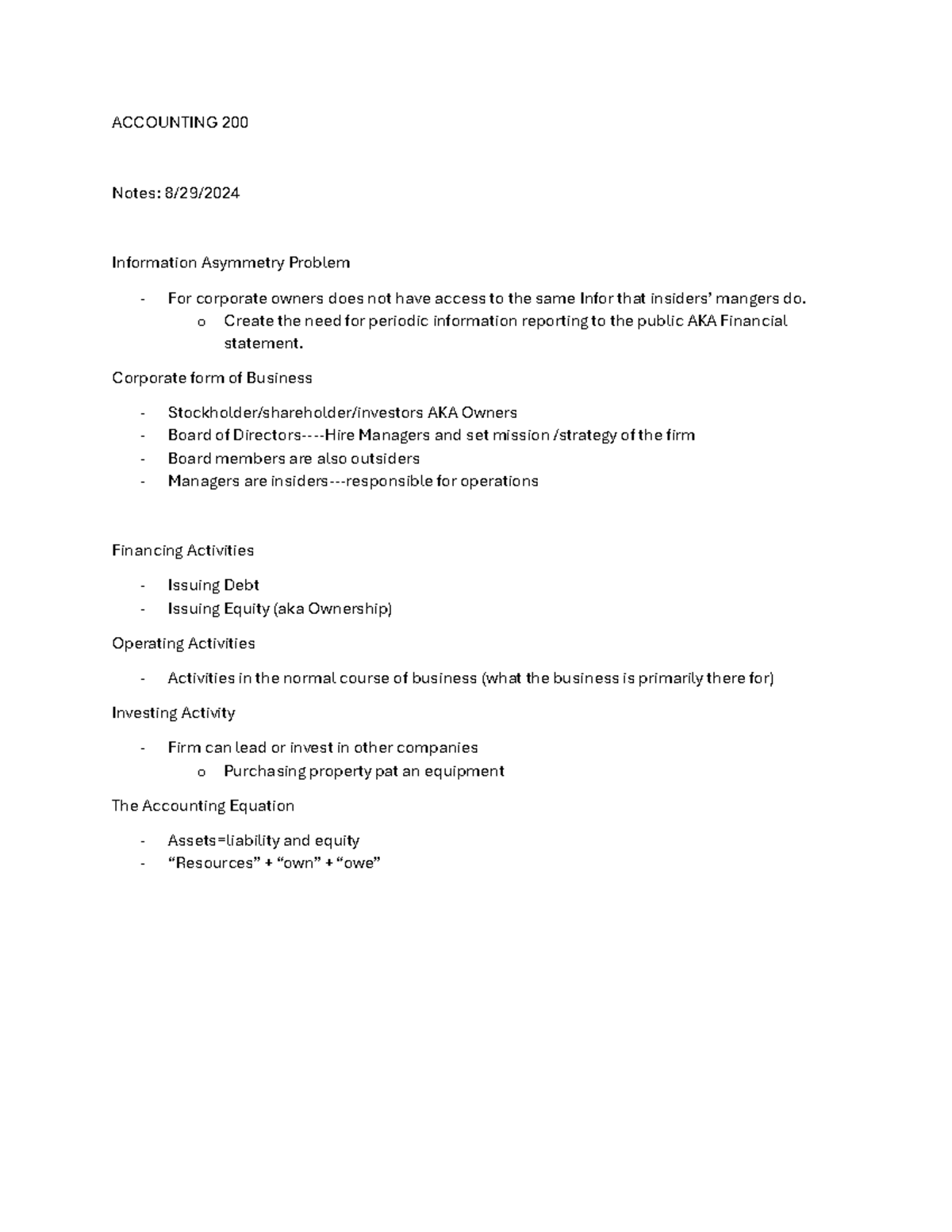ACCT 2000 8 - ACCT Notes - ACCOUNTING 200 Notes: 8/29/ Information ...