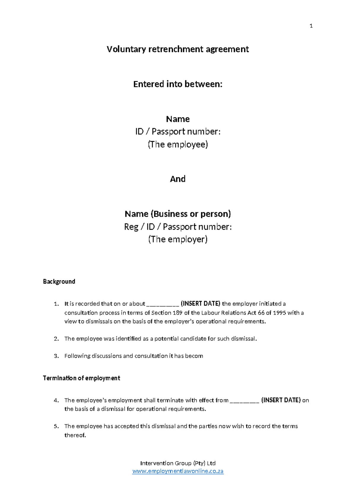 Voluntary Retrenchment Agreement Template - Intervention Group (Pty ...