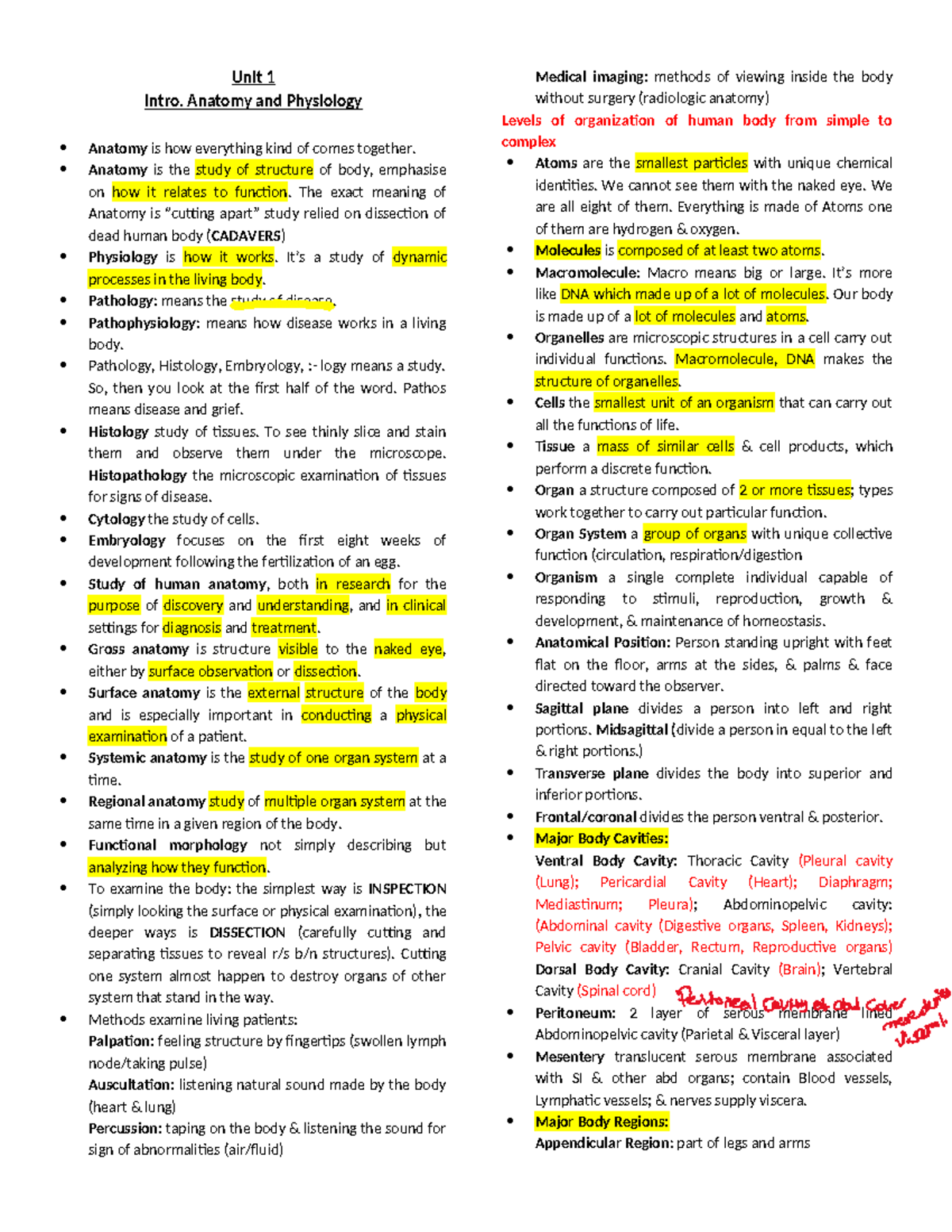 Unit 1 - Intro to Anatomy & Physiology Objectives - Studocu