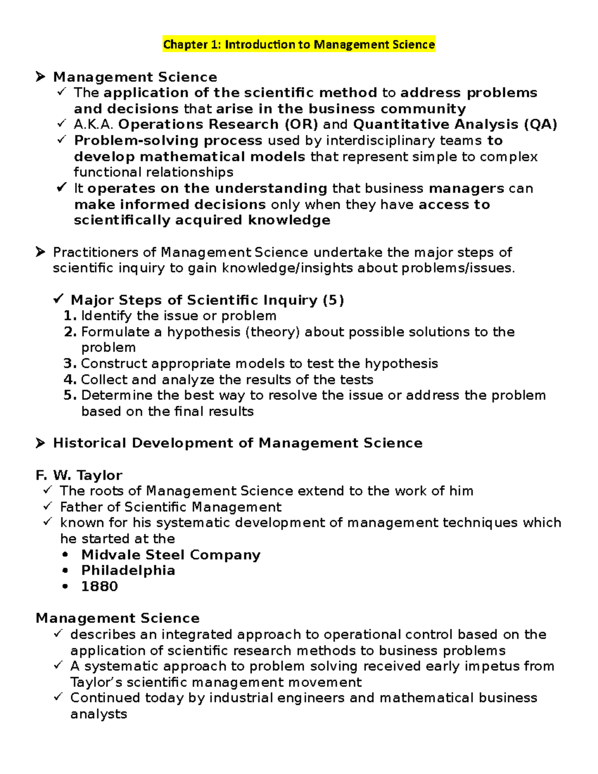 Chap 1 - Intro to Management Science: Key Notes & Concepts - Studocu