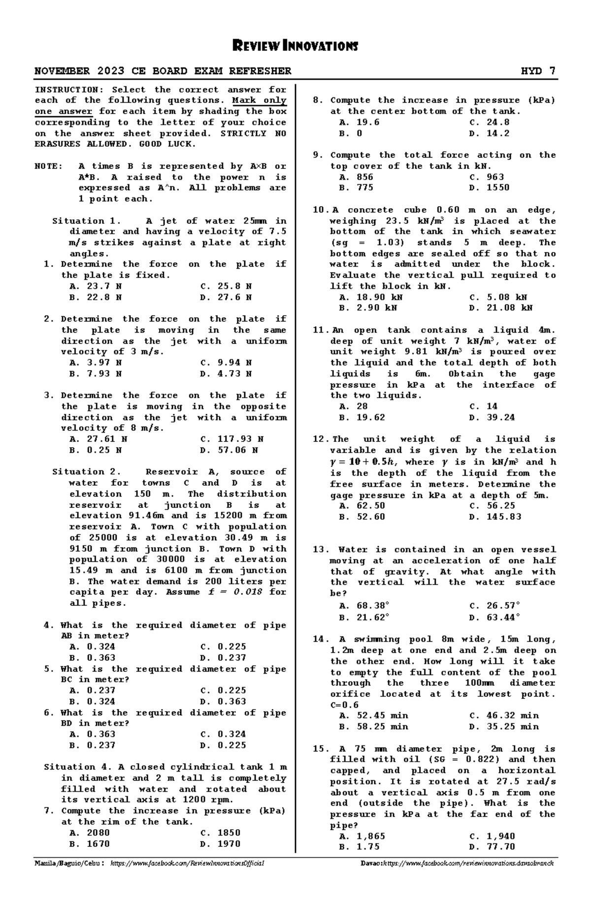 Hydraulics - CE Board Exam Refresher HY 7 Problem Set, Nov 2023 - Studocu