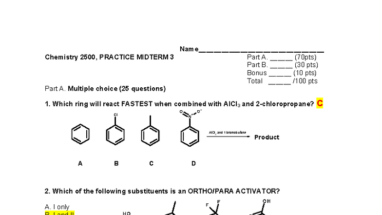 CHEM 2500 Practice Midterm 3 Answer Key and Solutions - Studocu