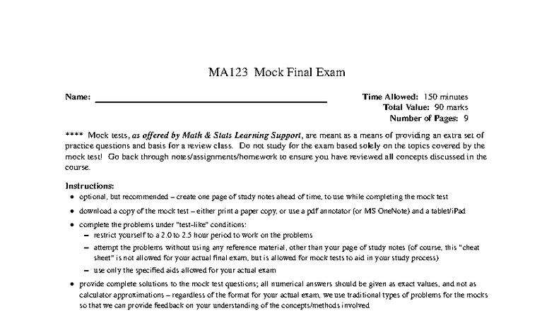 Mock MA123 Final Exam S25: Practice Questions & Solutions - Studocu