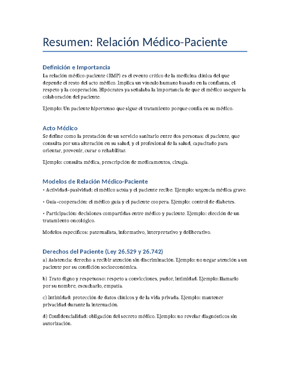 Resumen: Relación Médico-Paciente y su Importancia en la Salud - Studocu