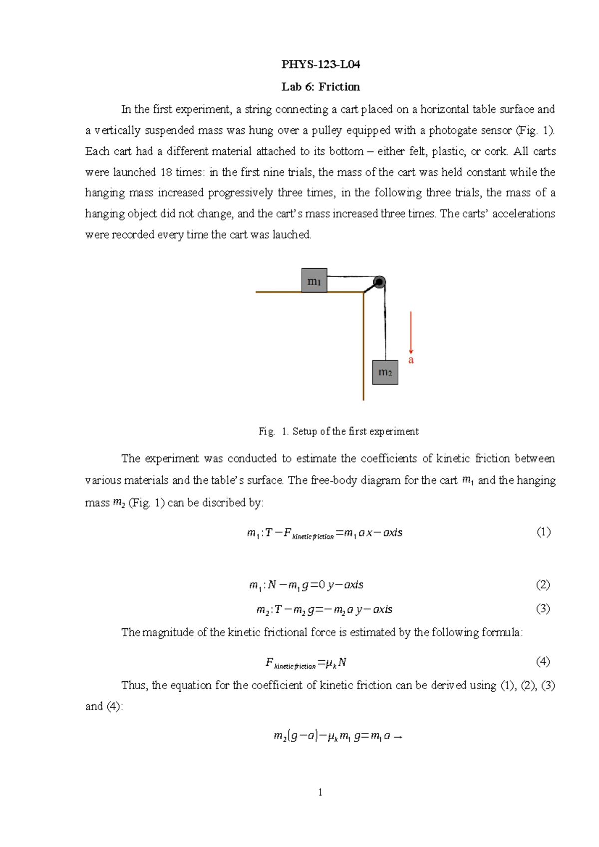 PHYS 123 Lab 6 Friction - PHYS-123-L Lab 6: Friction In the first ...