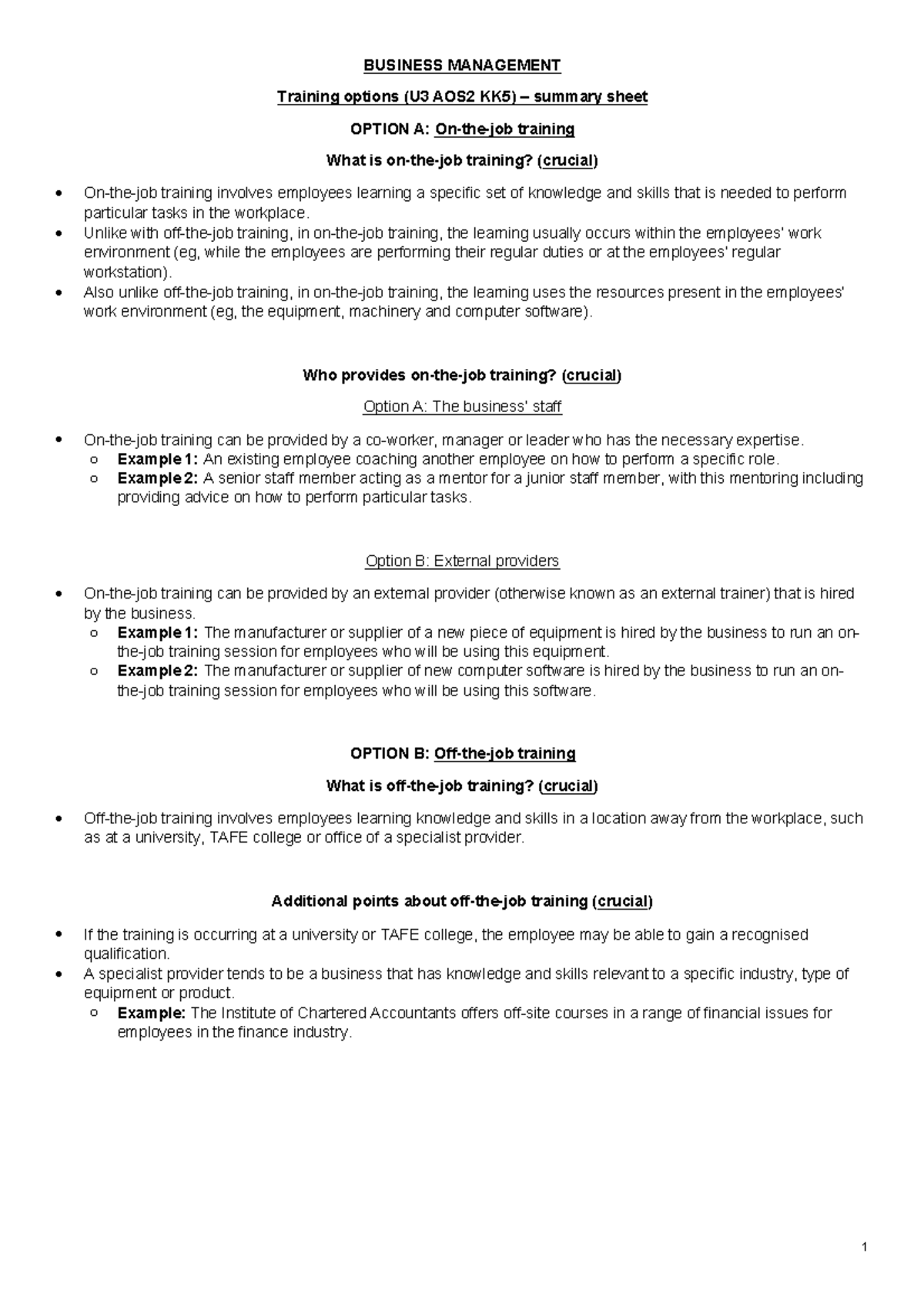 BUSINESS MANAGEMENT Training Options Summary (U3 AOS2 KK5) - Studocu